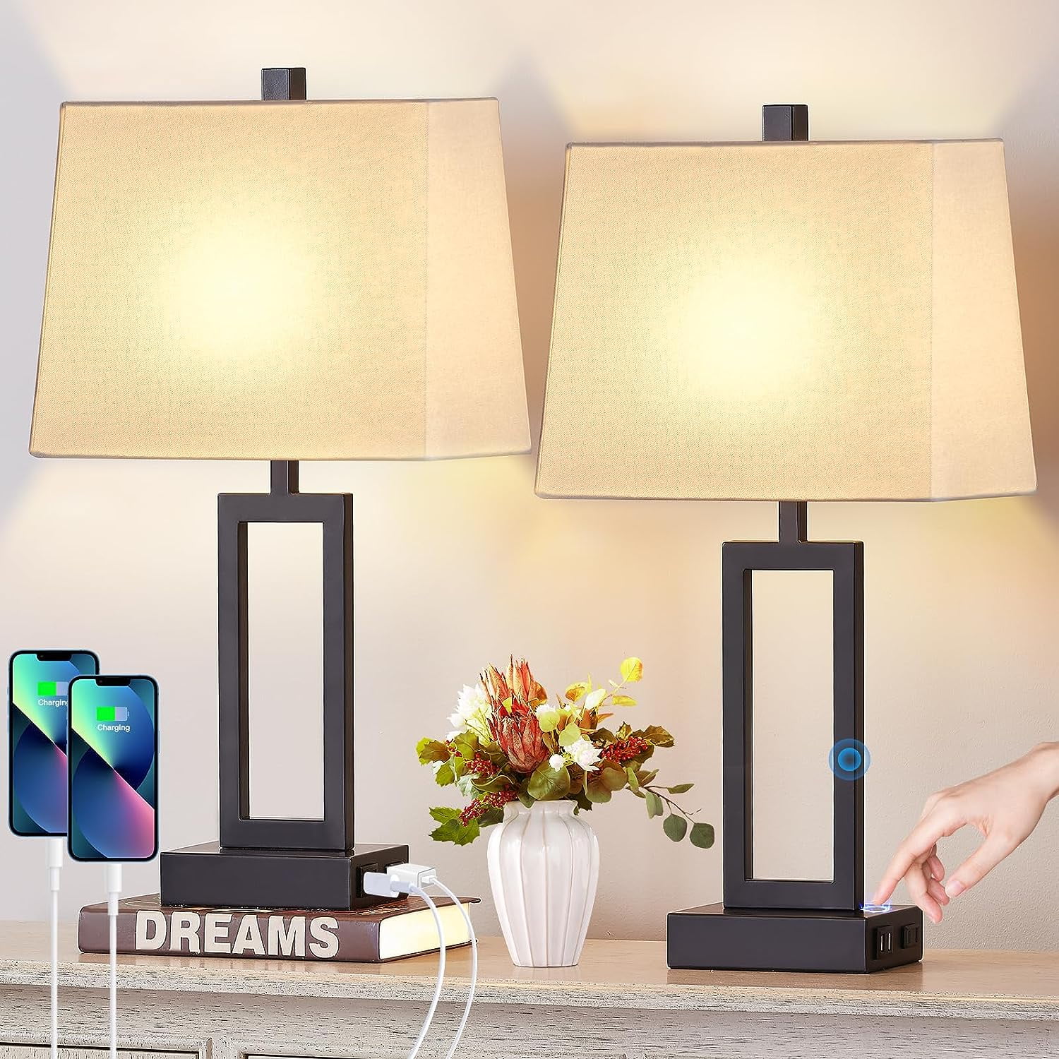 23.5" Touch Control Table Lamps Set of 2, Bedside Lamp with 2 USB Ports ...