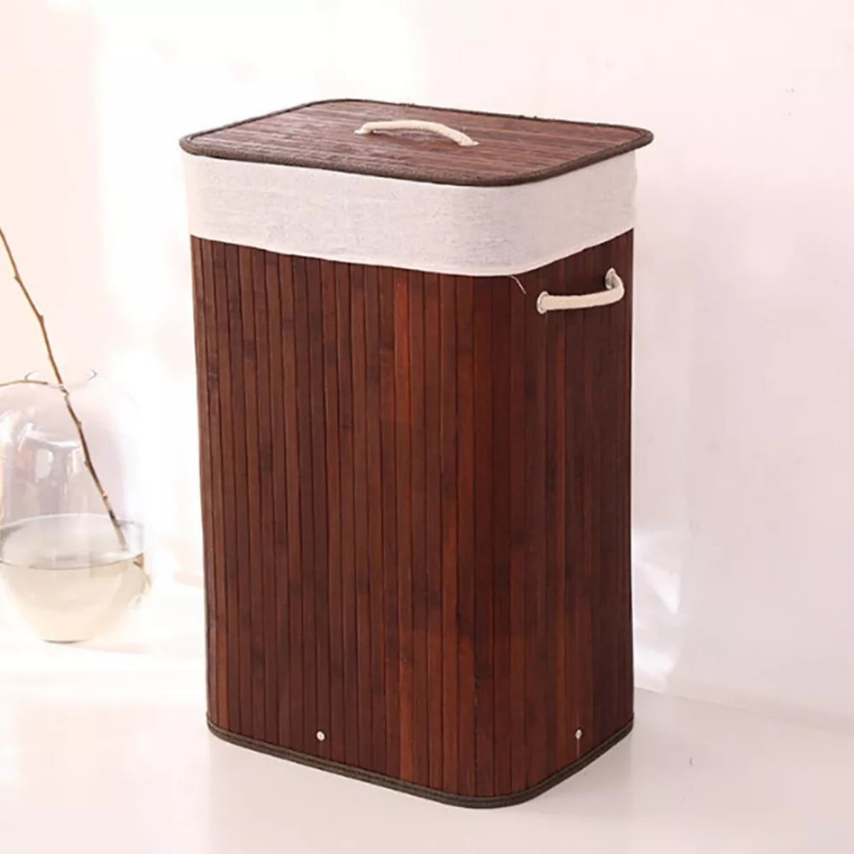23.6" Bamboo Laundry Basket with Lid Foldable Washing Clothes Bin ...