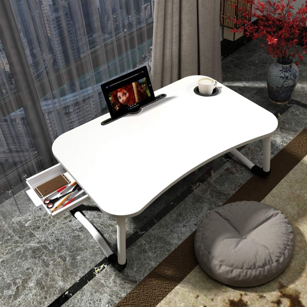 23.6'' Ergonomic Lap Desk with Storage Drawer & Cup Holder, Foldable ...