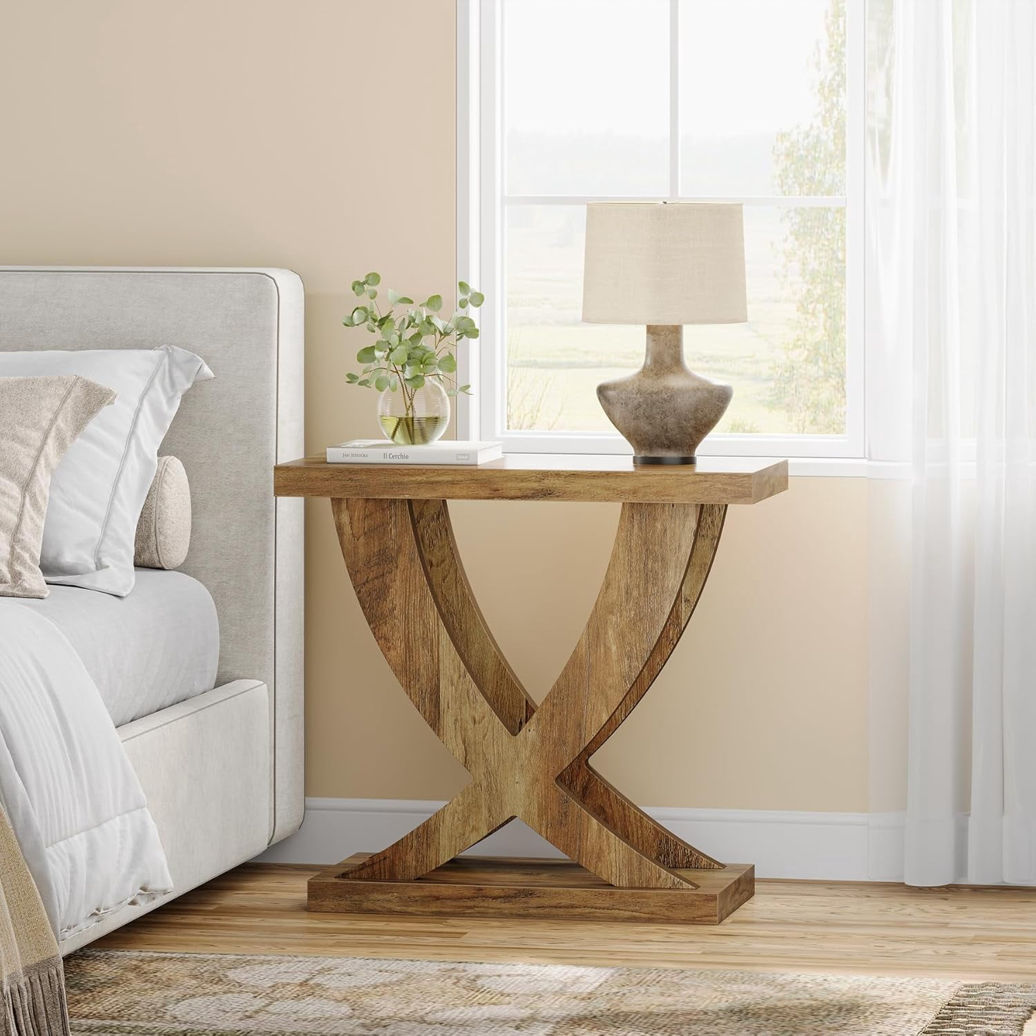23.6” Farmhouse End Table with Cross Fishtail Support, Narrow Wood Side ...
