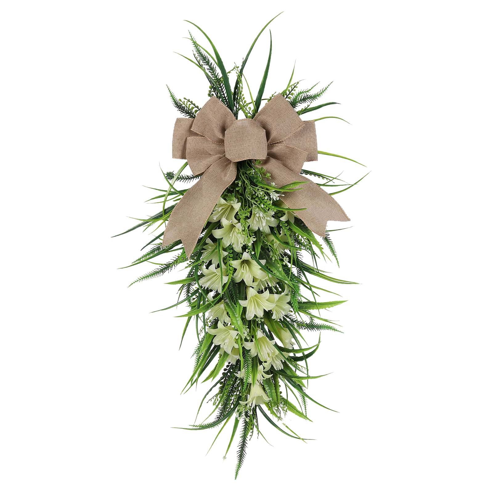 23.6 Inch Lush White Lily & Fern Teardrop Swag with Burlap Bow, Neutral Greenery Spring Front ...