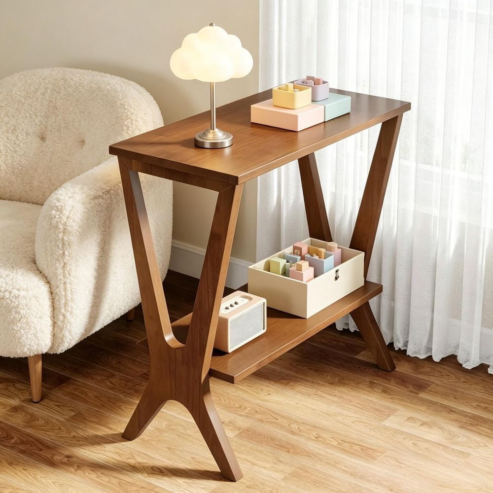 23.6 Inch Solid Wood End Table 2 Tier Storage Shelf Slim Sofa Side ...