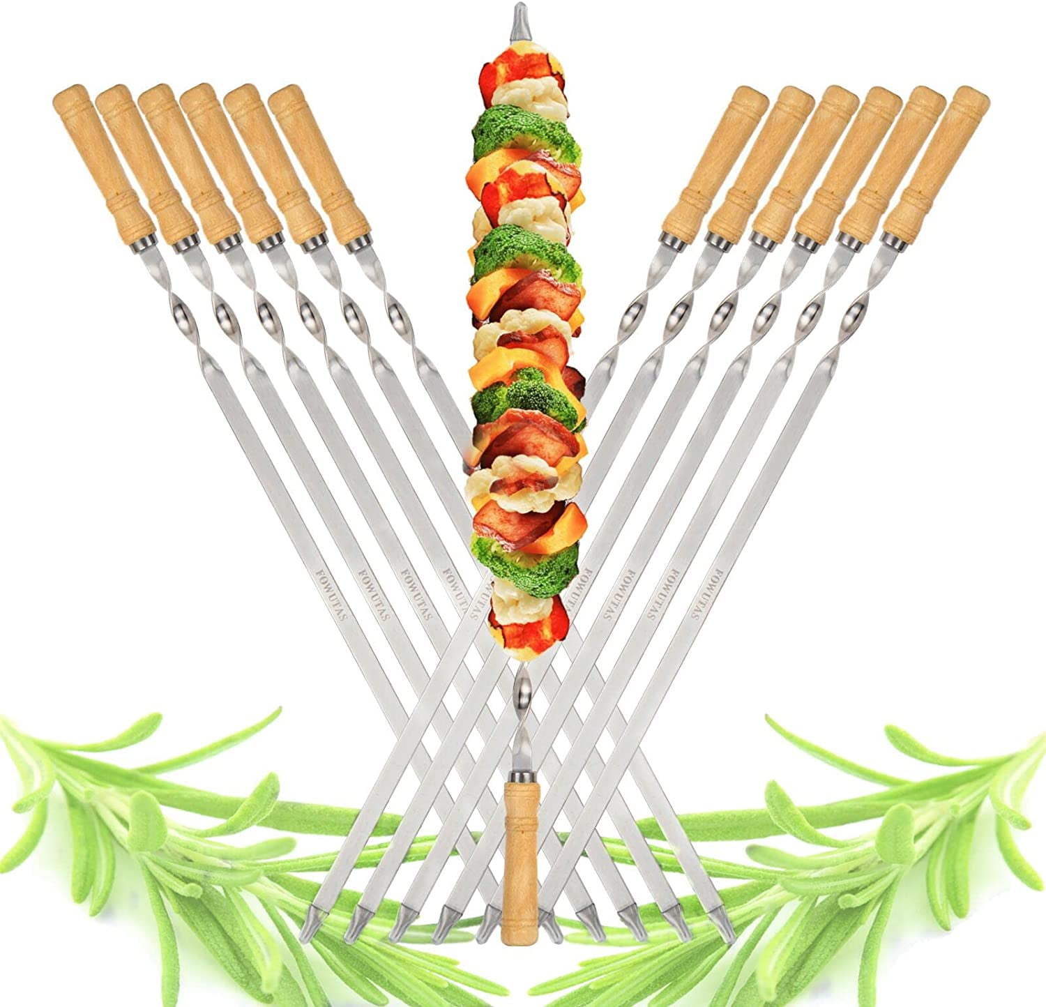 23.6" Large Size Kabob Skewers Flat Metal BBQ Barbecue Skewer Wooden ...