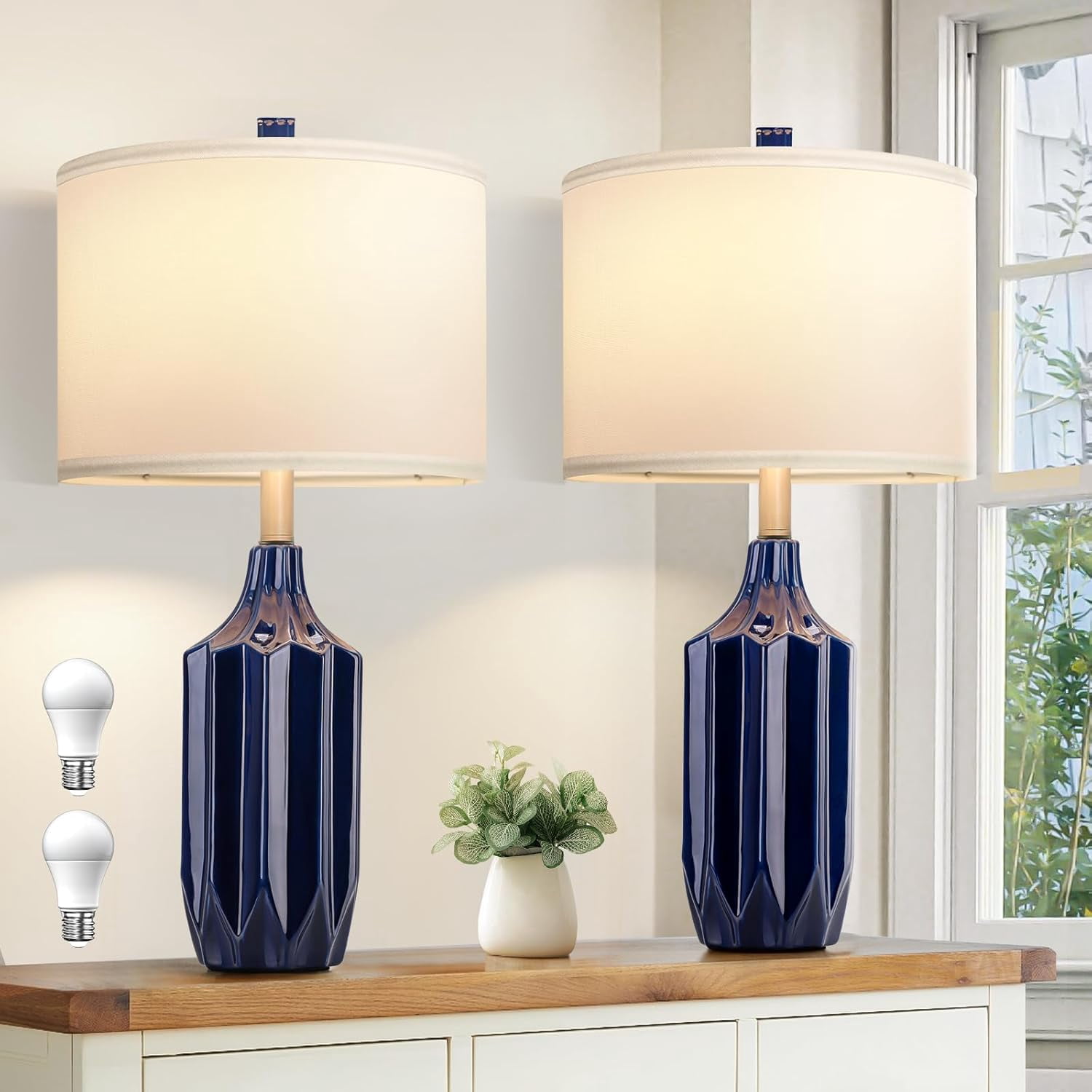23.6" Modern Ceramic Table Lamps for Bedrooms Set of 2, Navy Blue End ...
