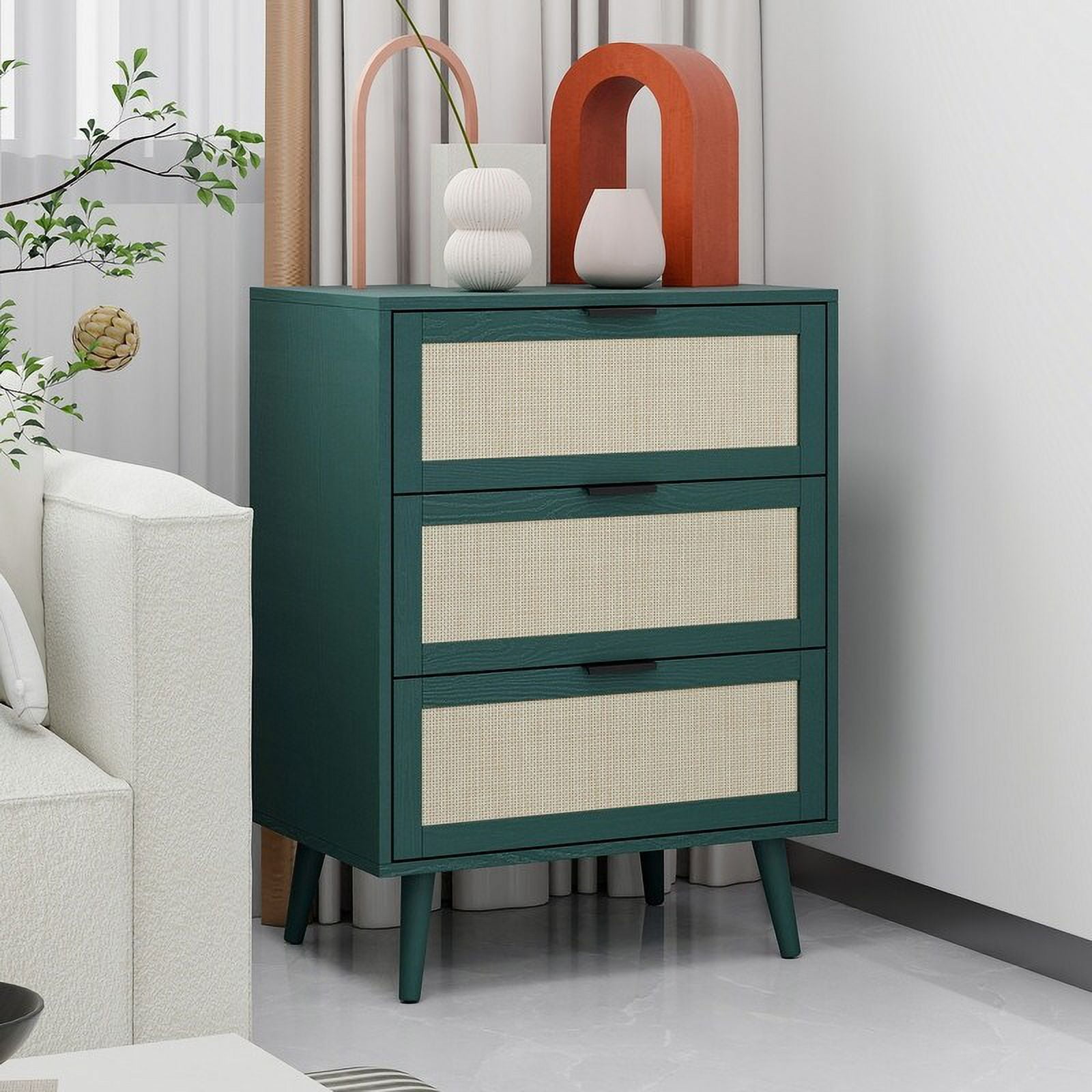 23.6" Natural 3-Drawer Cabinet with Rattan Panels for Bedroom Dark ...