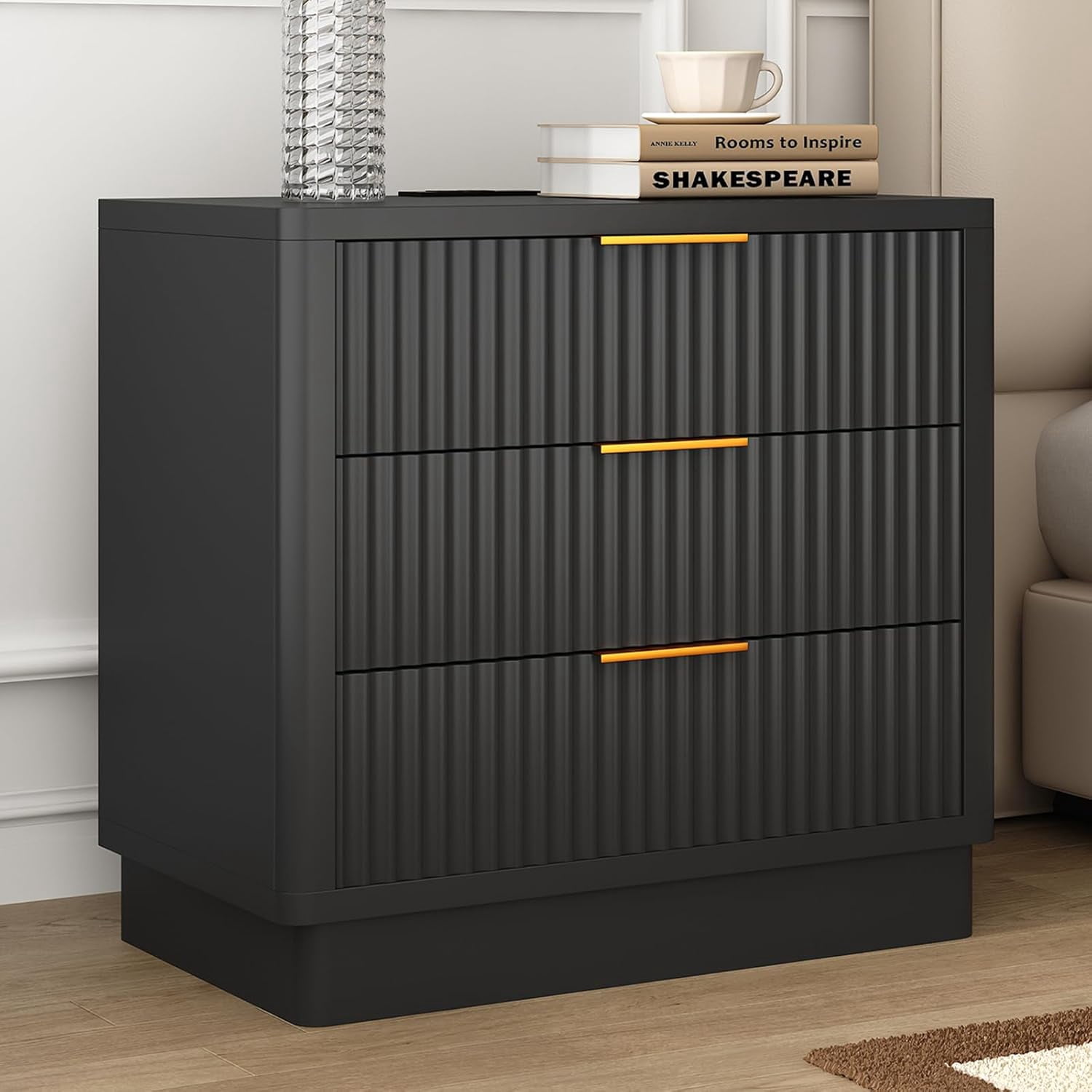 23.6" Nightstand with Charging Station, Fluted 3 Drawer Night Stand for ...