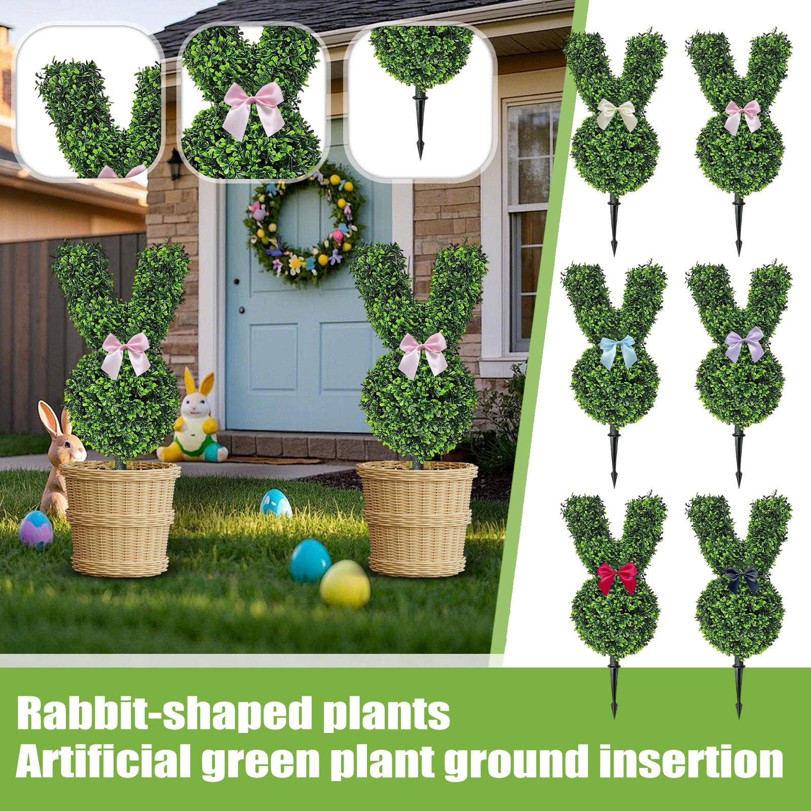 23.6" Rabbit Shape Artificial Plant - Faux Green Greenery for Easter ...