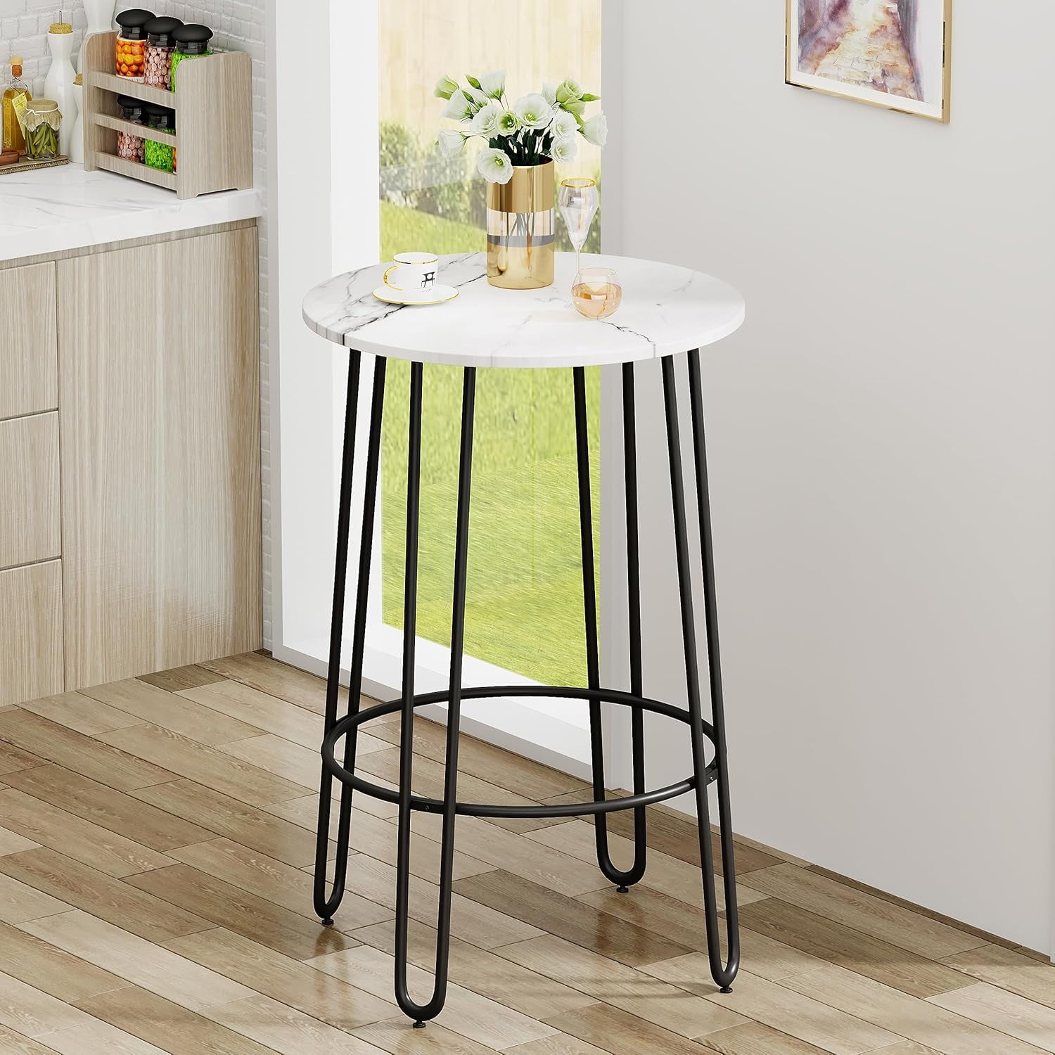 23.6" Round Bar Table White Faux Marble Bar Height Table Modern Small ...