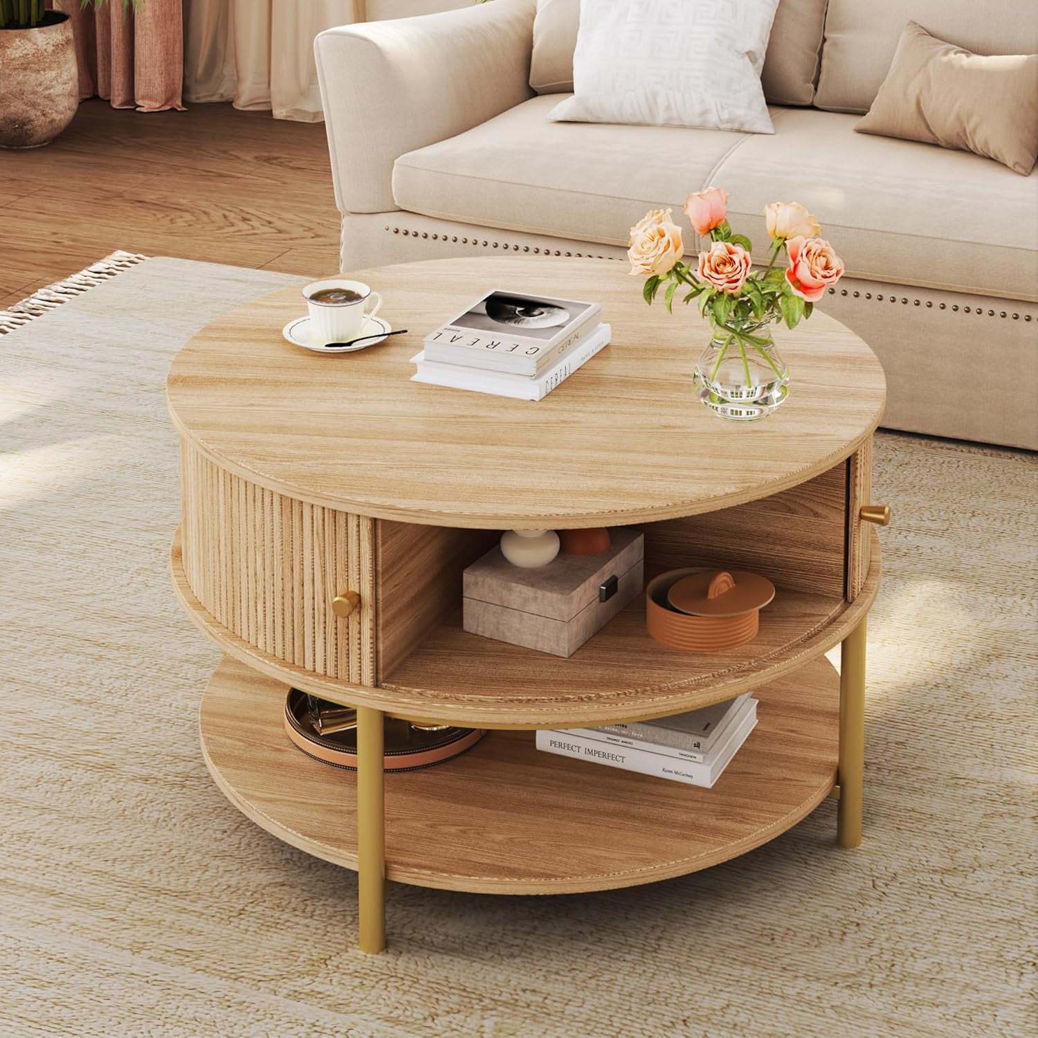 23.6" Round Coffee Table with Storage, 3-Tier Small Round Coffee Table ...