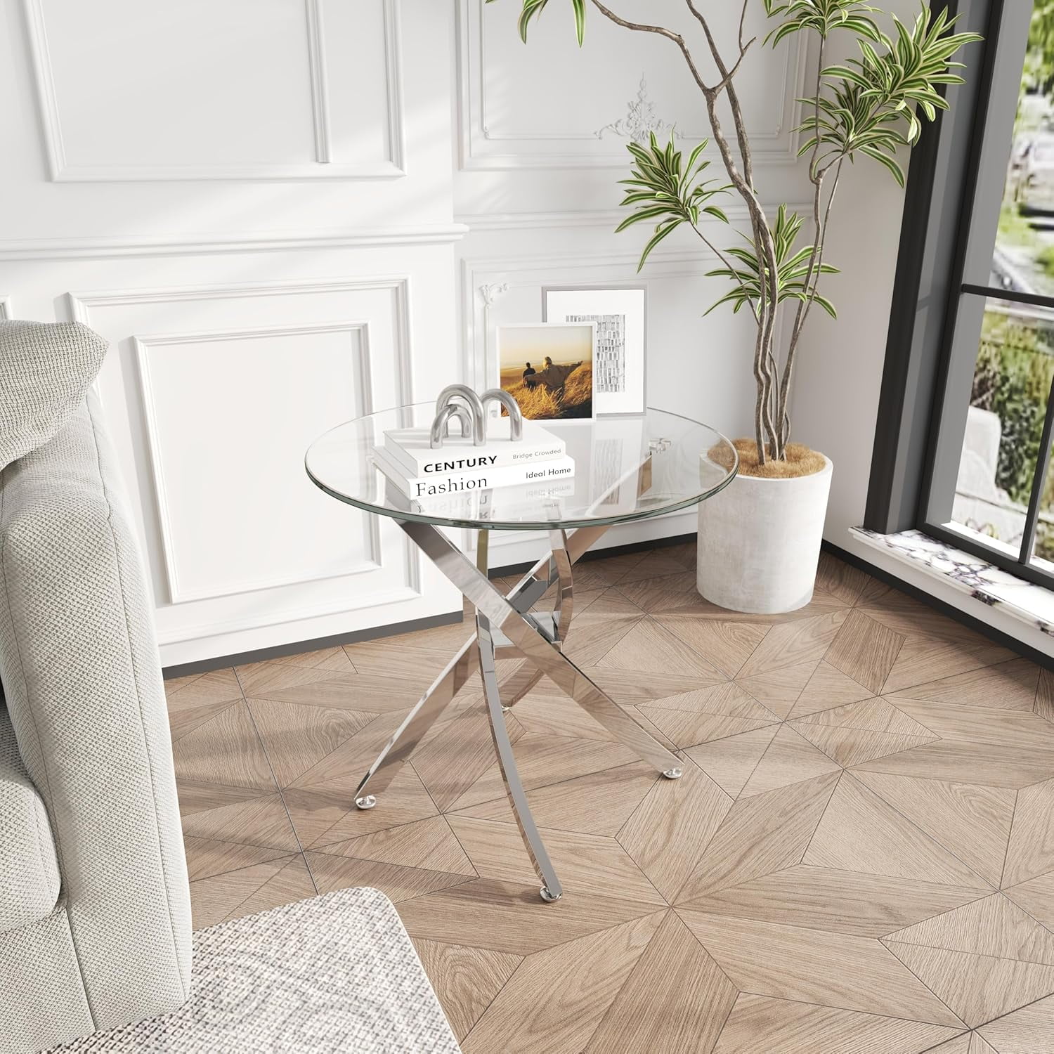 23.6" Round Glass End Table, Modern Living Room Table with Tempered ...