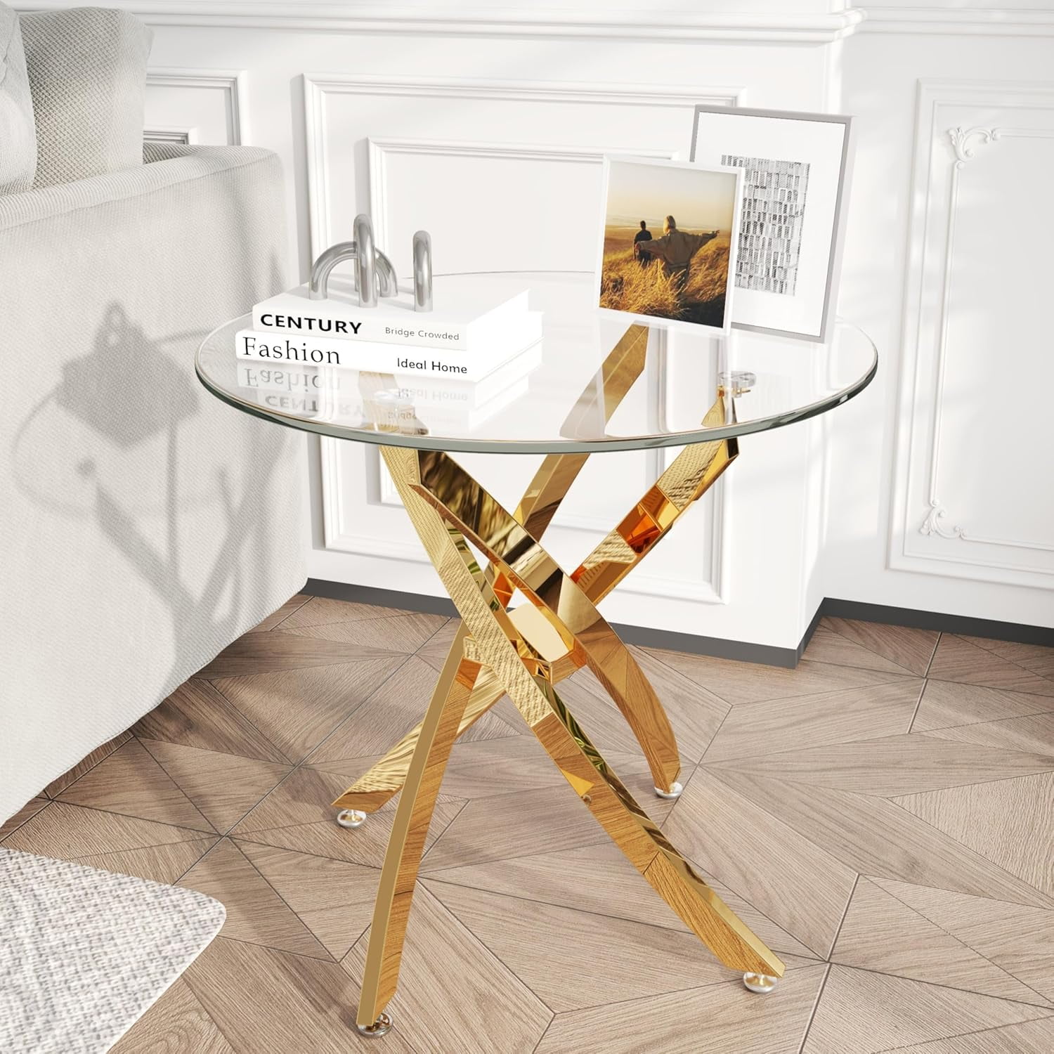 23.6" Round Glass End Table, Modern Living Room Table with Tempered ...
