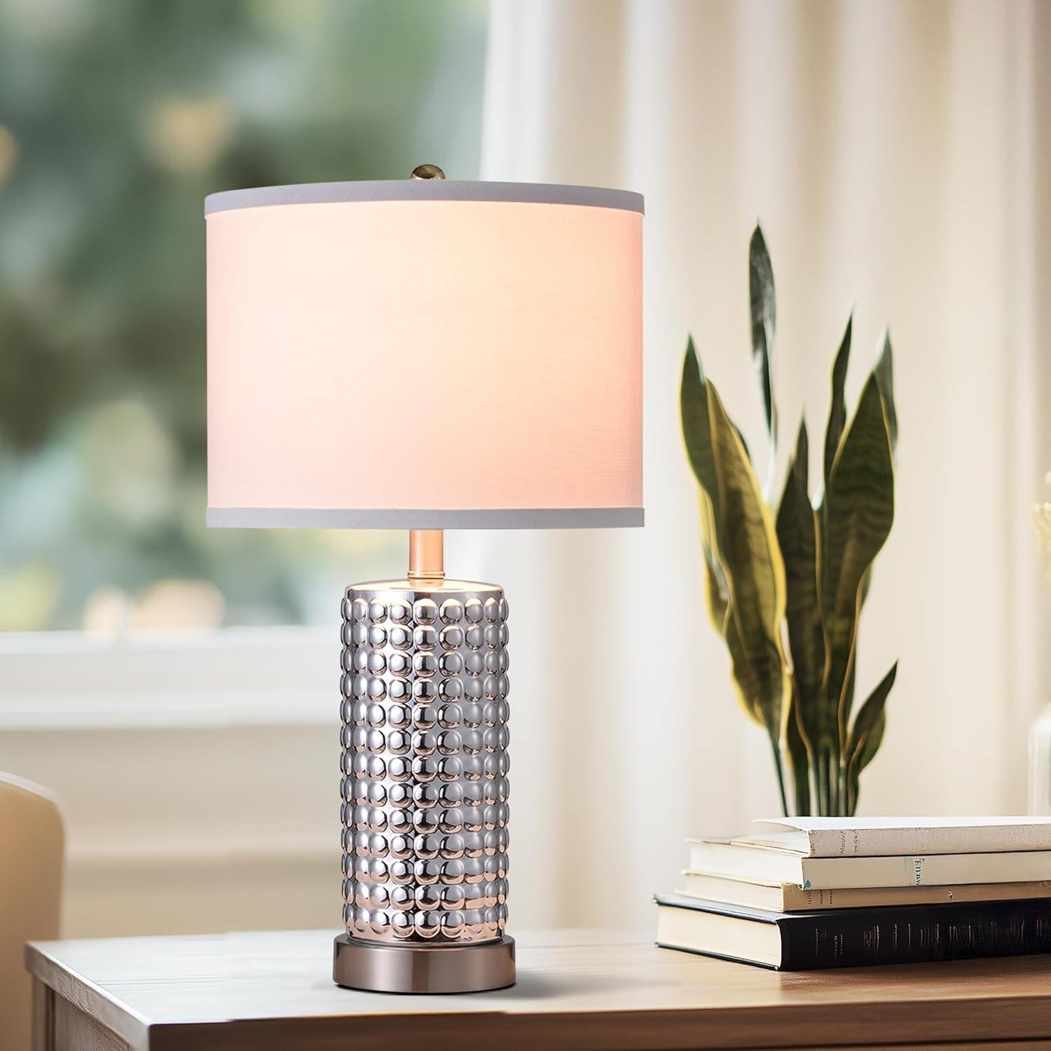 23.6" Silver Modern Ceramic Table Lamp with Dual USB/AC Charging Ports ...
