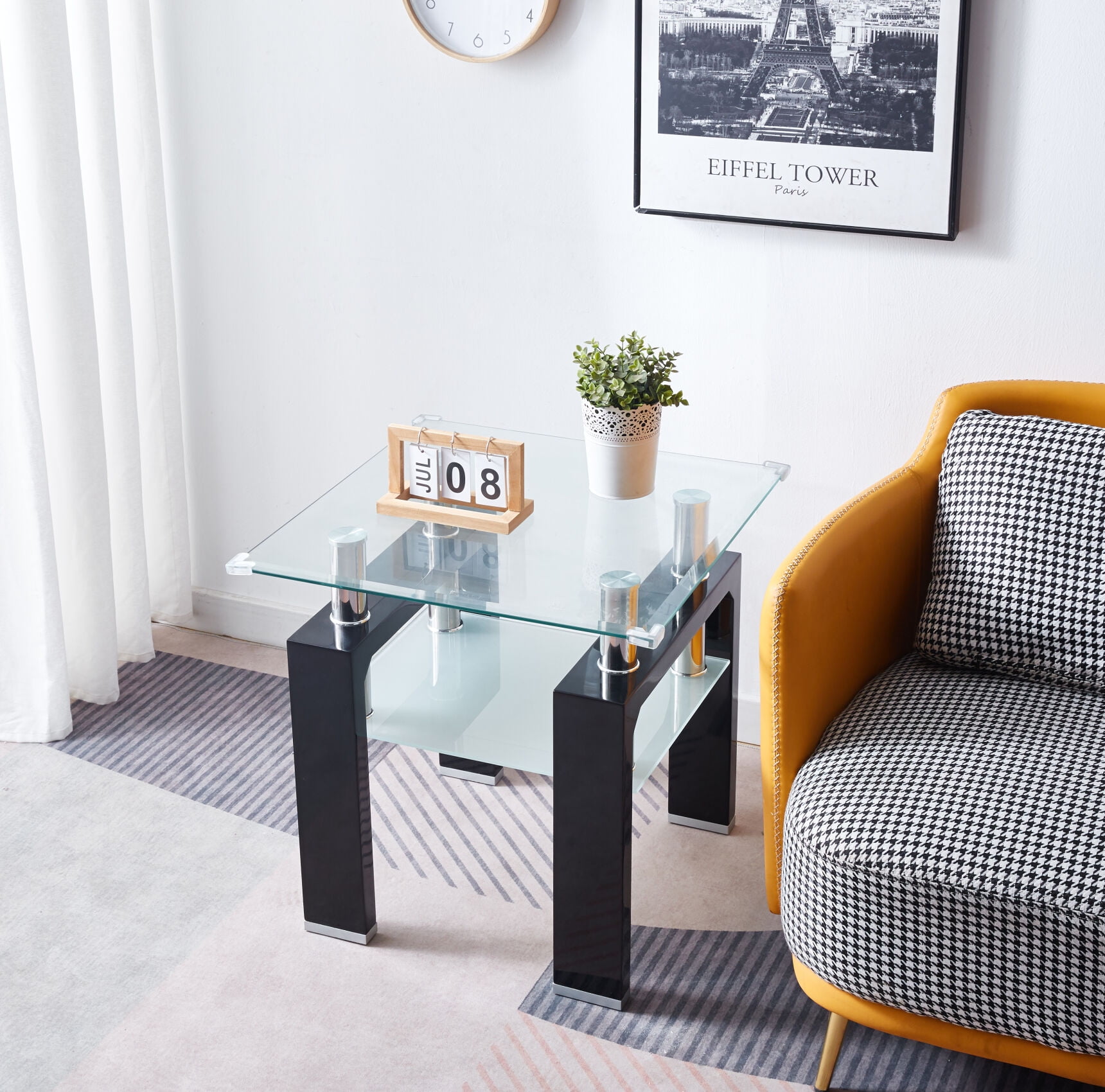 23.6" Square Coffee Table with Glass Top, Modern Contemporary Glass ...