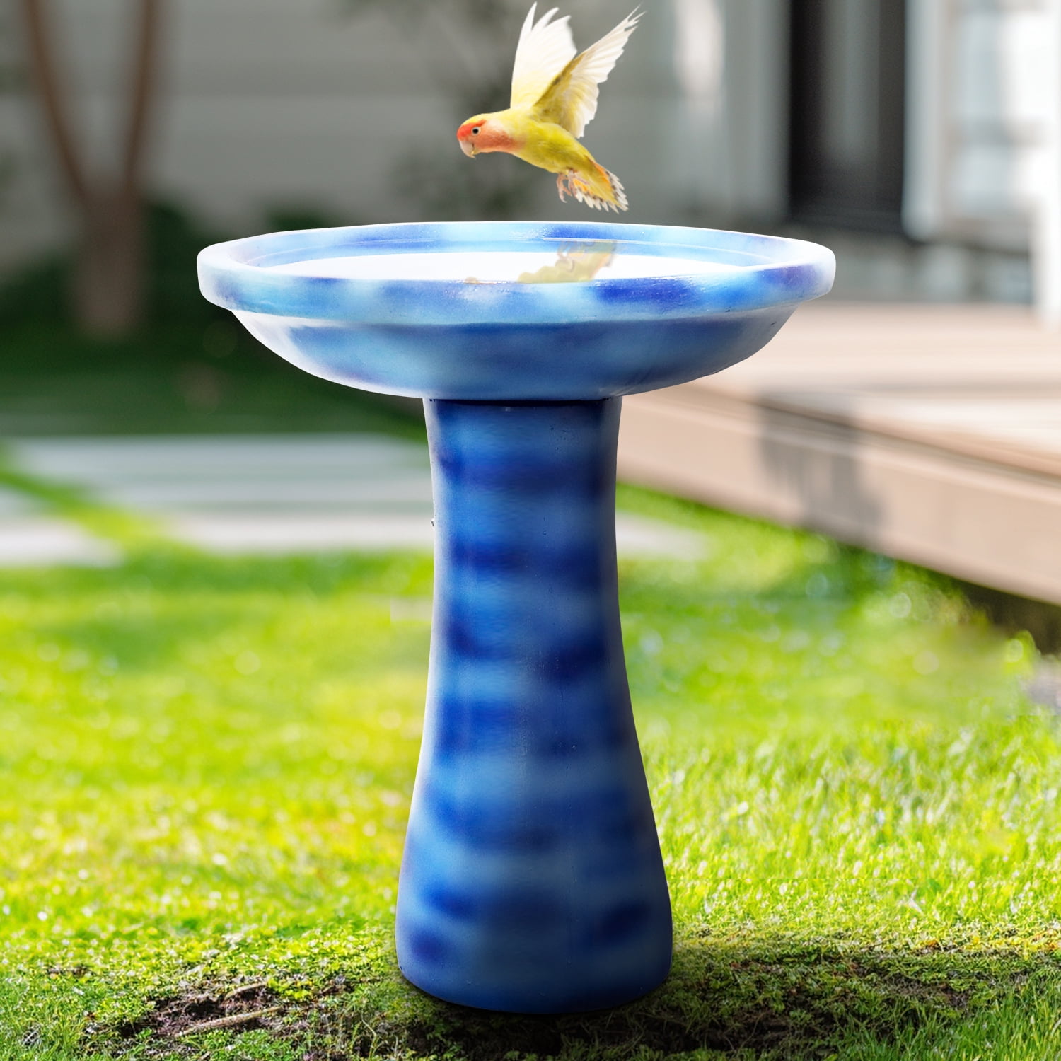 23.6" Tall Outdoor Concrete Pedestal Birdbath - Blue Bird Bath for ...