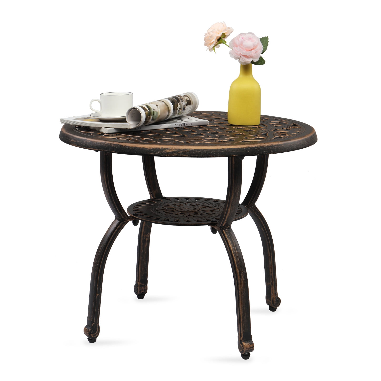 23.6 in Cast Aluminum Side Table, Patio Outdoor Bistro Round End Table ...