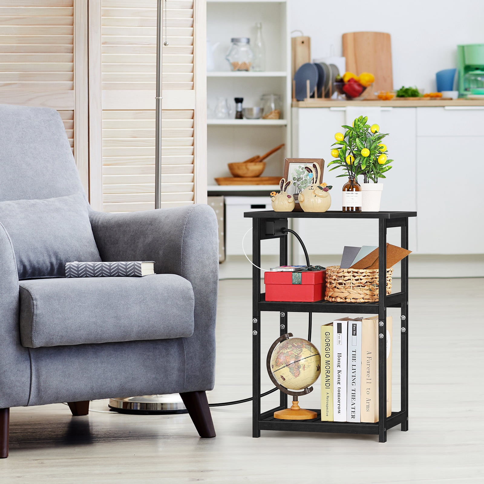 23.6 inch End Table with Charging Station and USB Ports 3-Tier Side ...