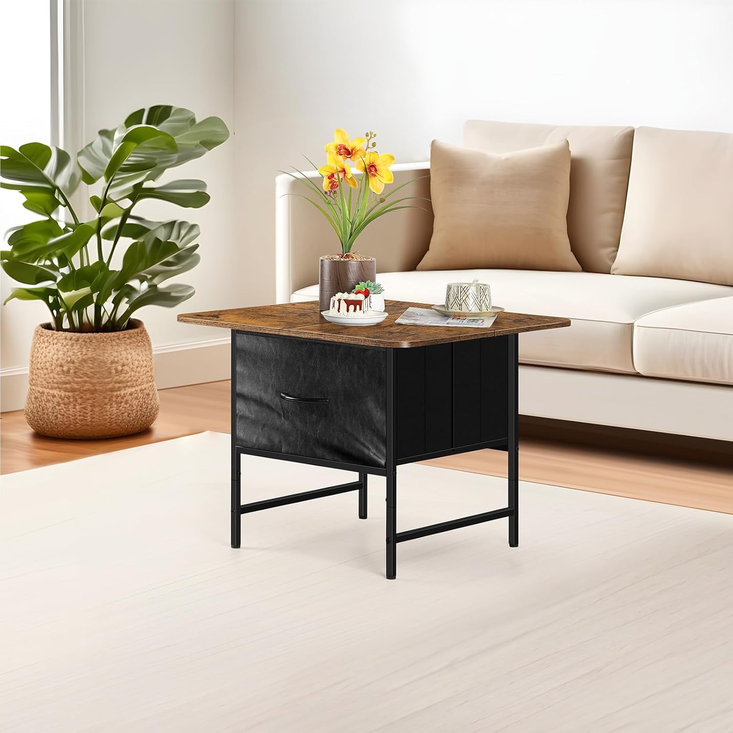 23.6 - inch Square Side Table with Two Fabric Drawers, Rubber ...