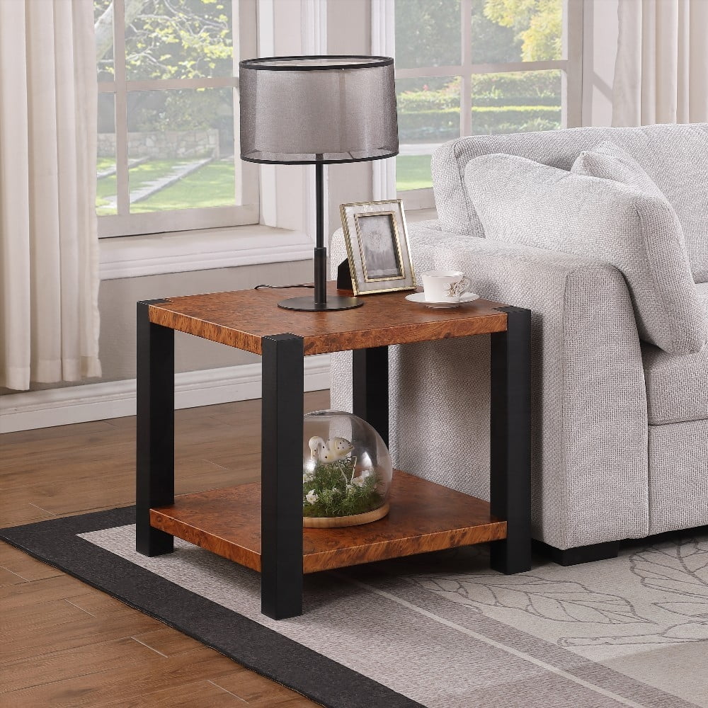 23.6-inch Wide Square End Table with Burl Wood Grain Metal Top and ...