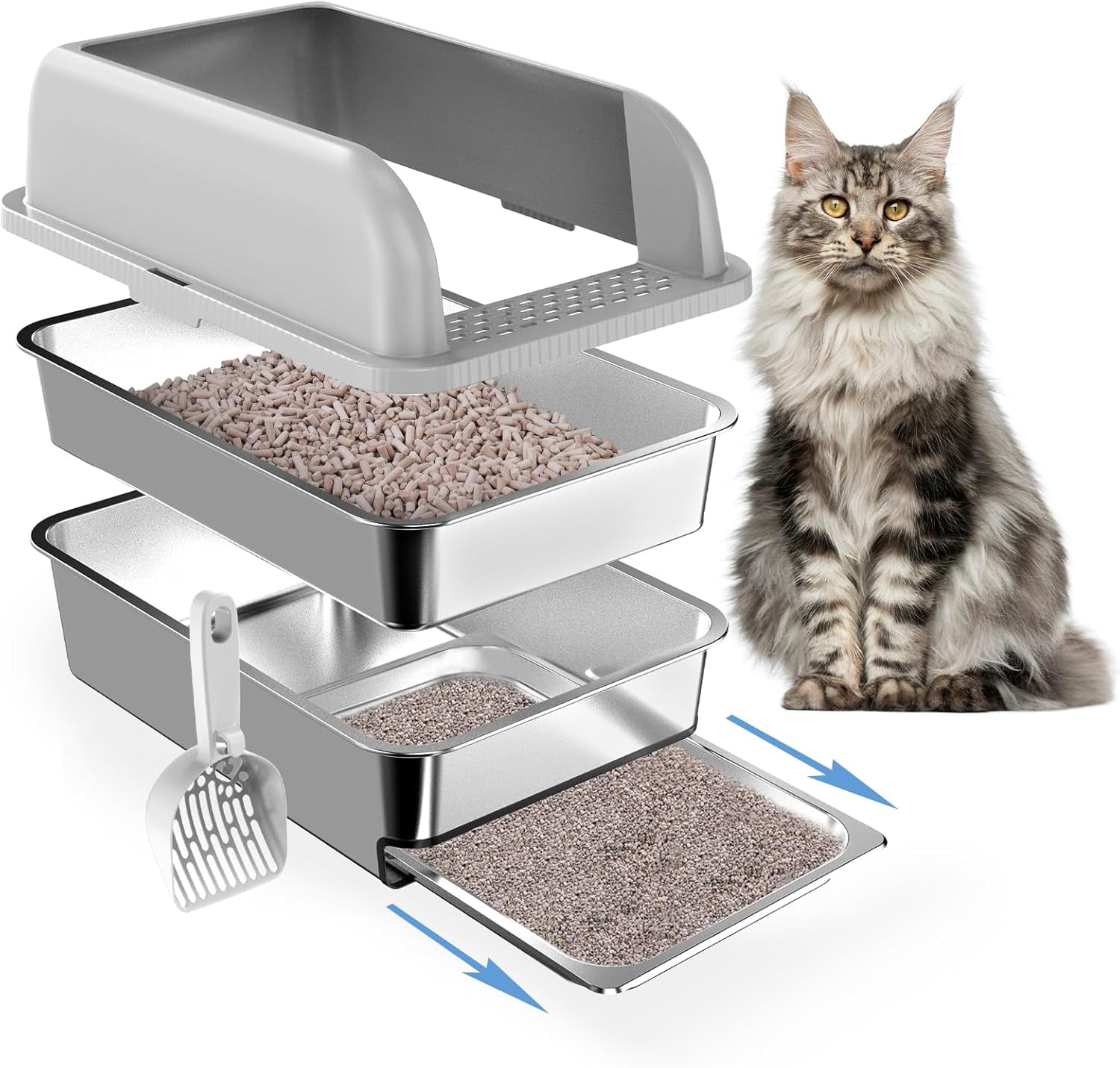 23.6"x15.7"x6" Enclosed Stainless Steel Litter Box with Lid, XL Sifting ...