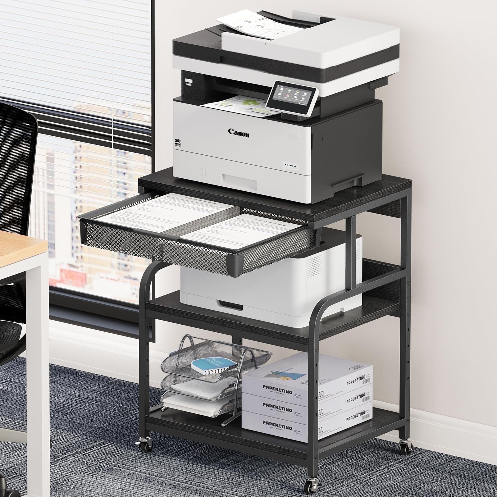 POAO Large Printer Stand with Drawer, 5-Adjustable Heights 3 Tier Table ...