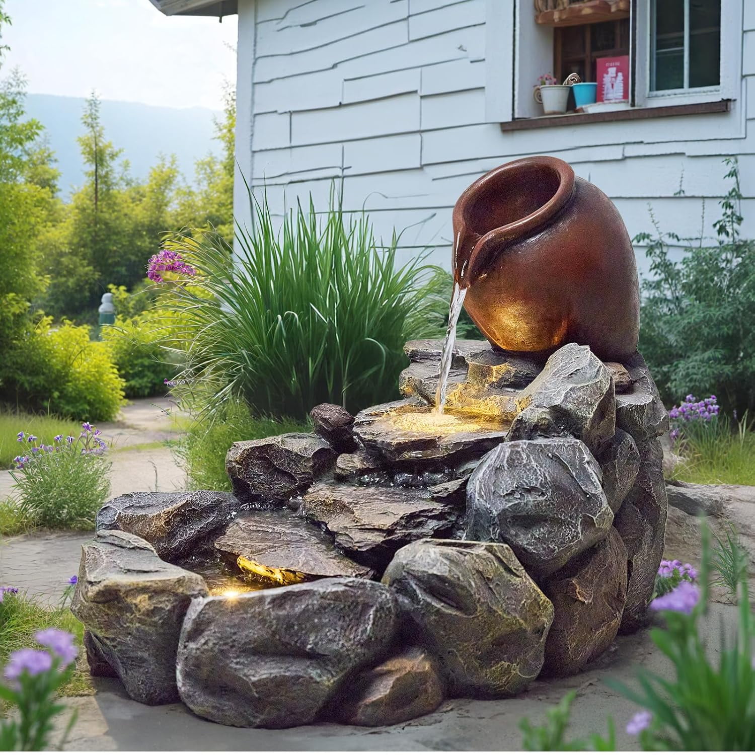 23.62" H Ceramic Outdoor Garden Waterfall Fountain, Rock Outdoor ...