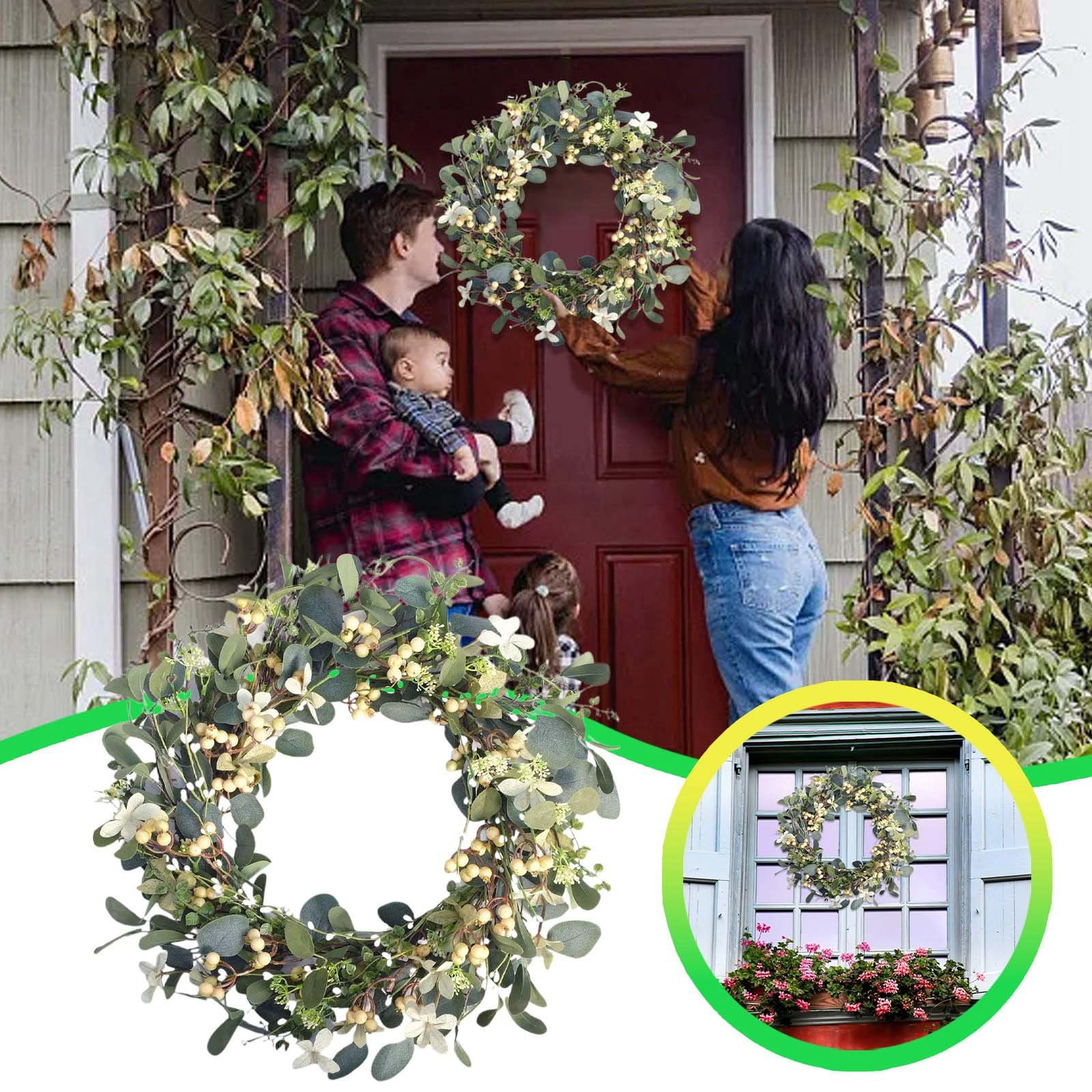 23.62 Inch Artificial Eucalyptus Wreath with Green Leaves and White Big ...