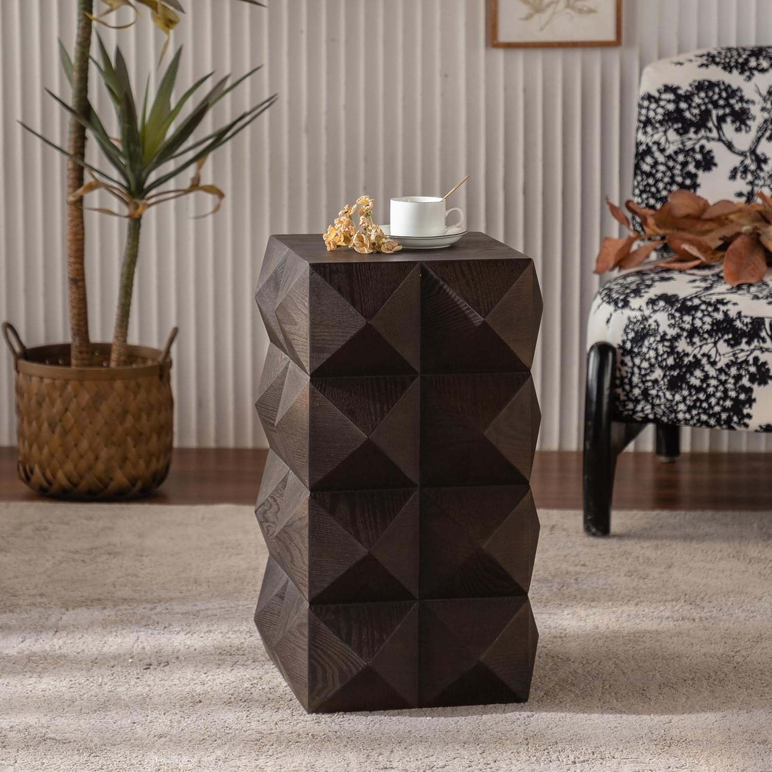 23.62" Modern Boho Side Table, Wooden Three-Dimensional Relief Coffee ...
