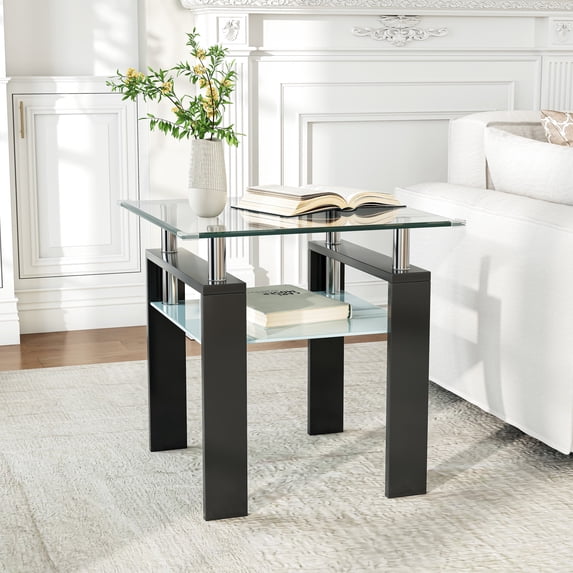 23.62" Square Glass End Table, 2-Layer Storage Tempered Glass ...