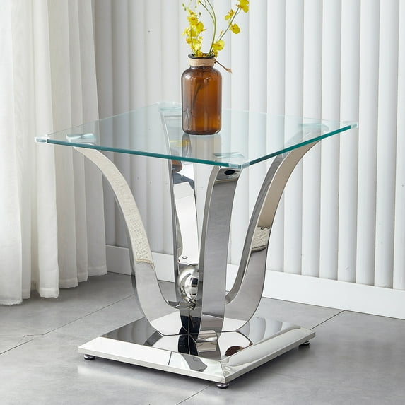 23.62" Square Glass End Table with Tempered Glass Top and Modern U ...