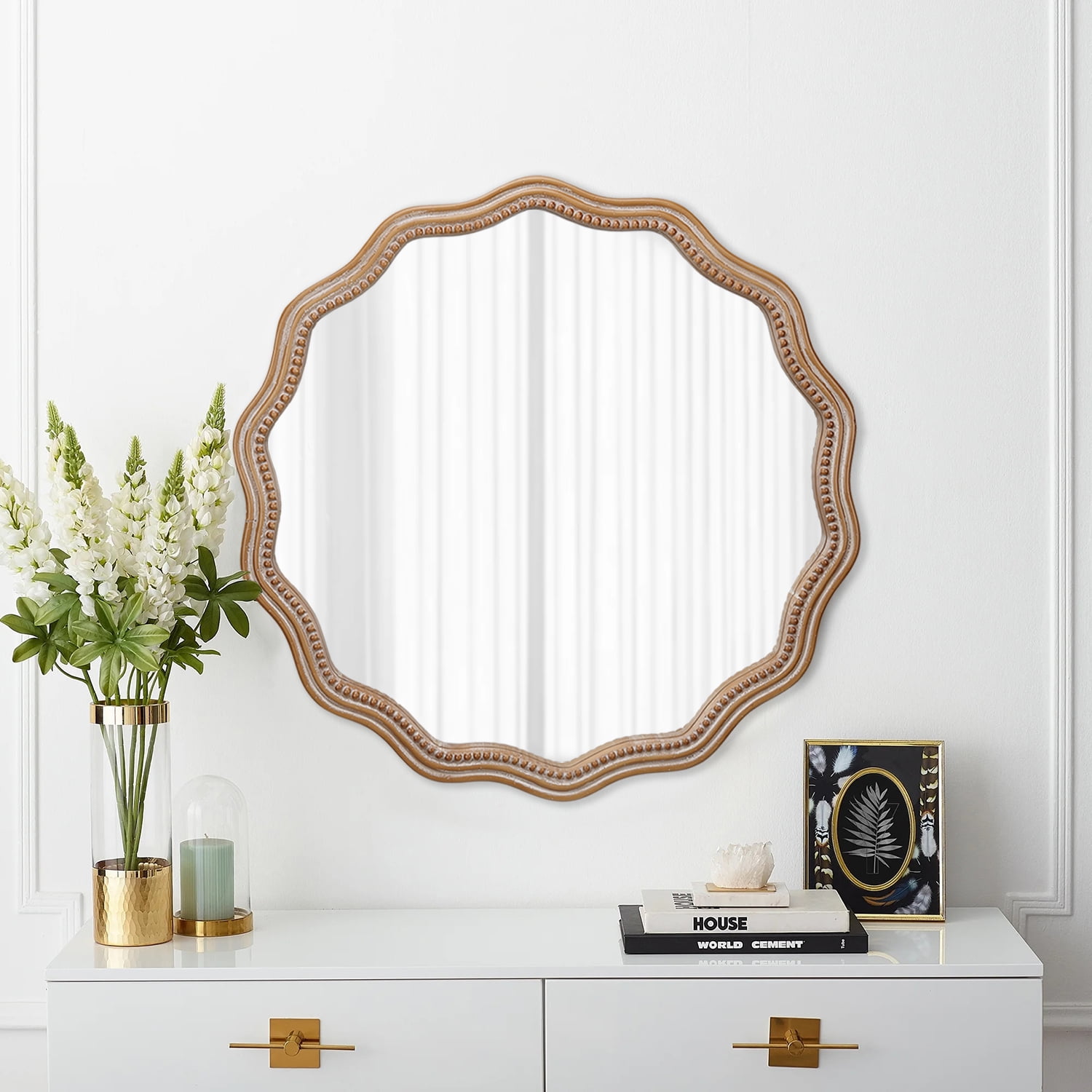 23.62 inches Wood Round Wavy Wall Mirror Round Wall Mirror Scalloped ...
