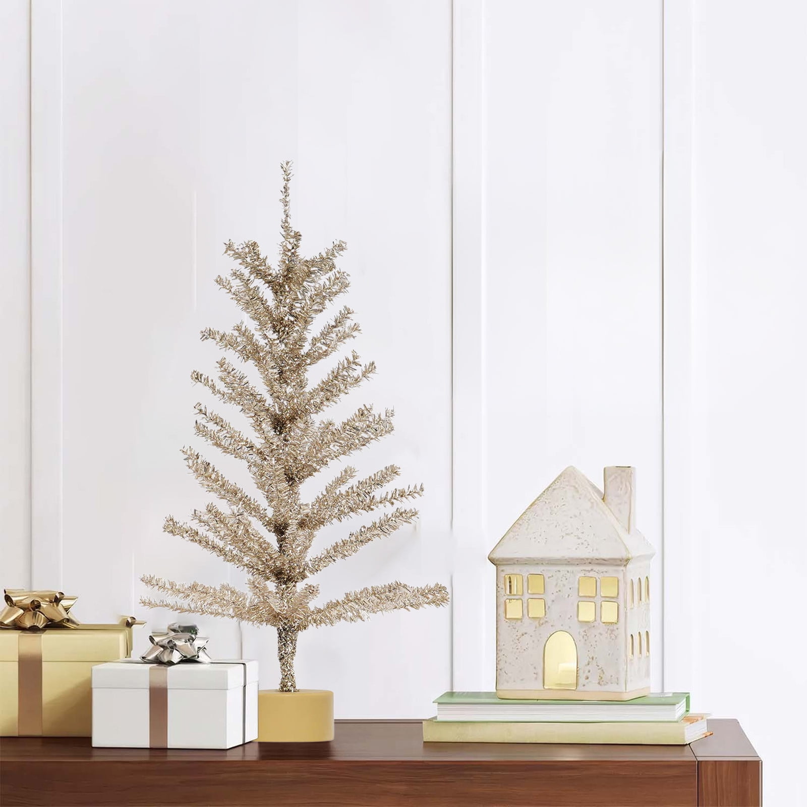 Taicans 23.62in Mini Artificial Christmas Tree with Gold Tinsel ...
