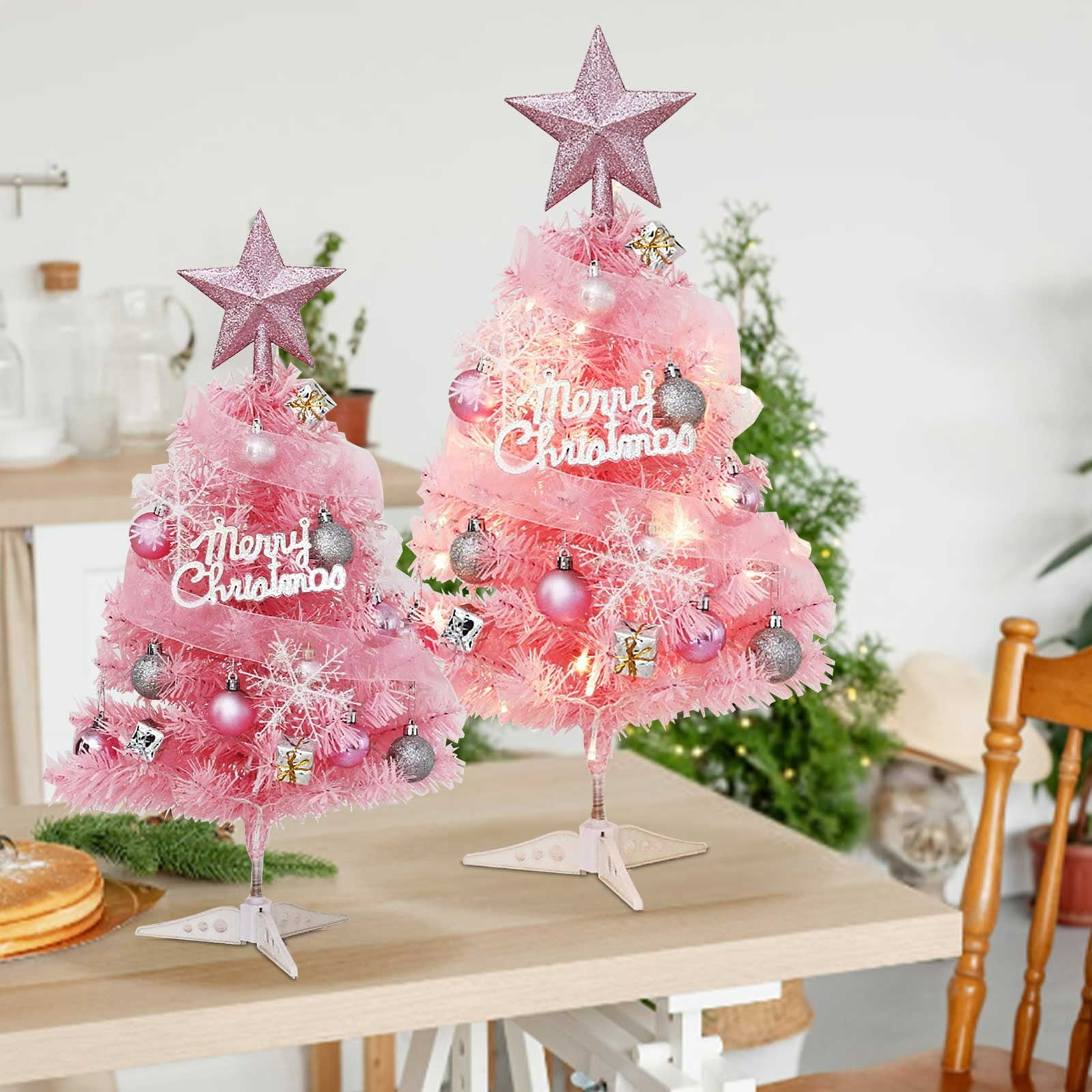 23.62in Pink Tabletop Christmas Tree with Lights, Mini Christmas Tree ...