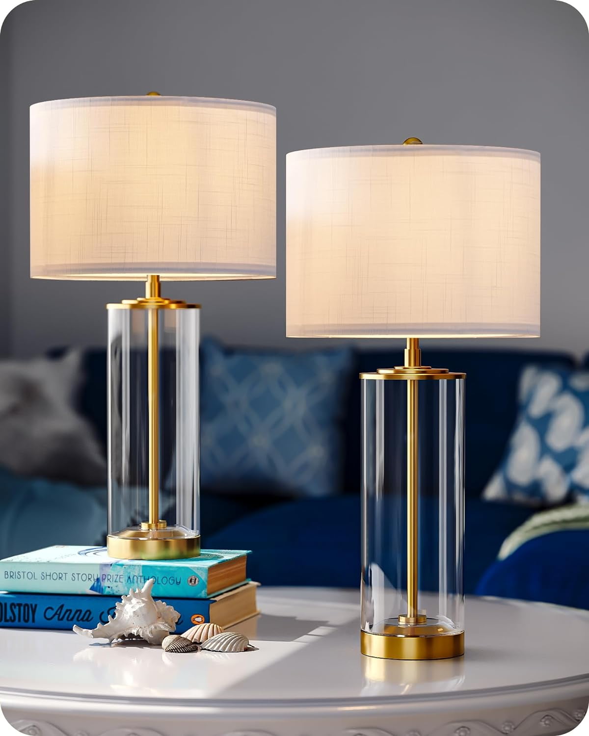 23.6IN Glass Table Lamp Fillable Base, White Linen Lampshade Table Lamp ...