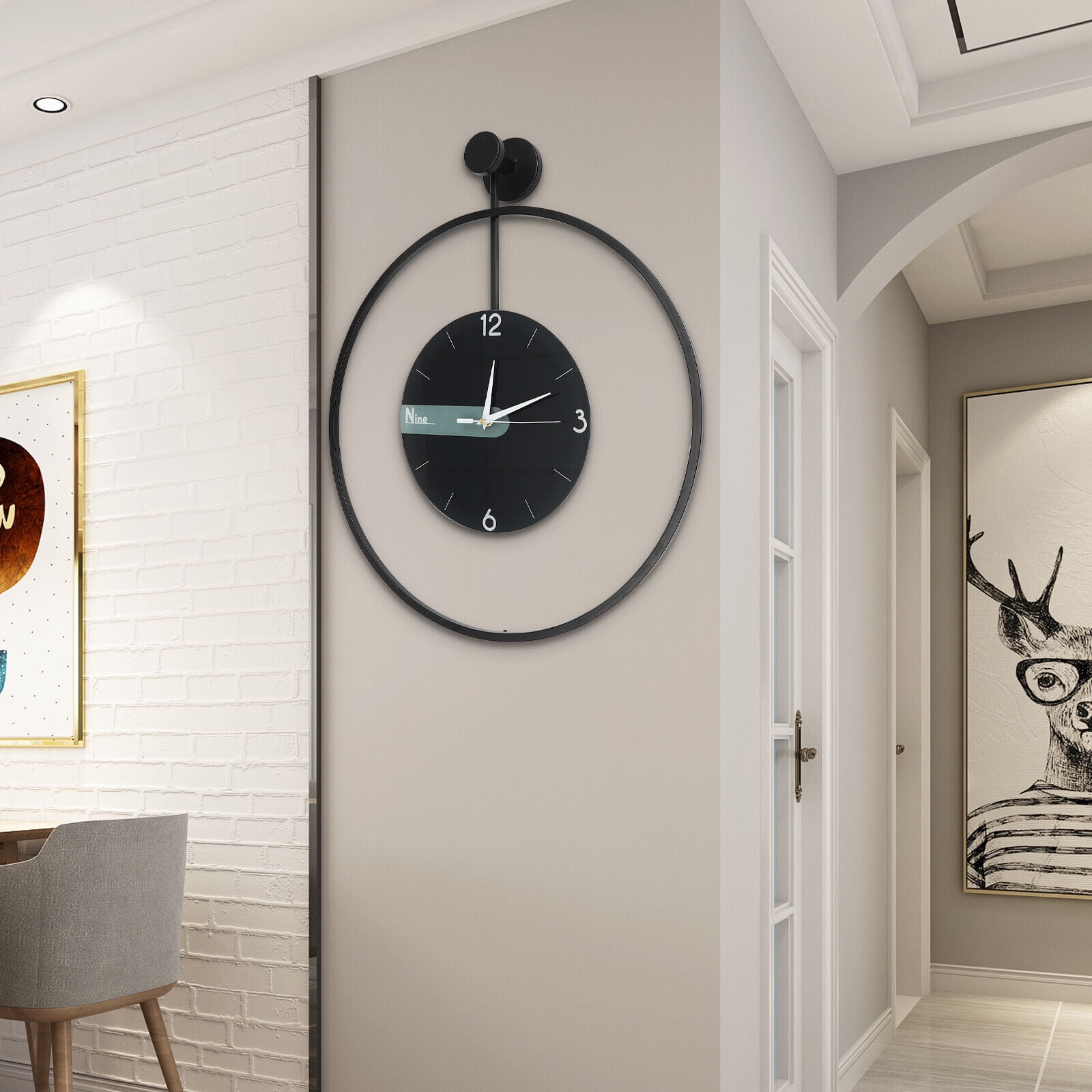 23.6inch Black Minimalist Silent Clock Geometric Design Round Wall ...