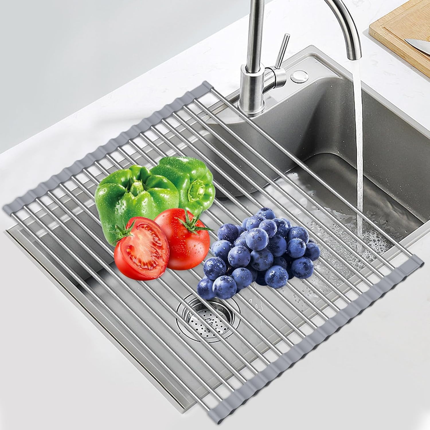 23.7" Extra Large Dish Drying Rack, Expandable Roll Up Over The Sink ...