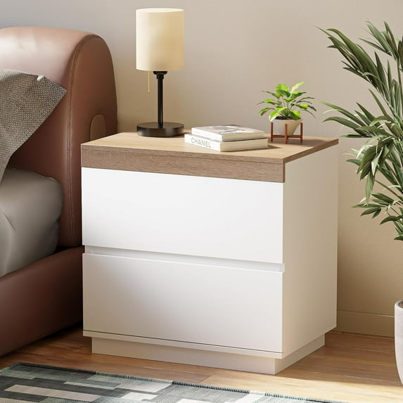 23.7" White Nightstand with Oak Top, Modern Bedside Table with 2 ...