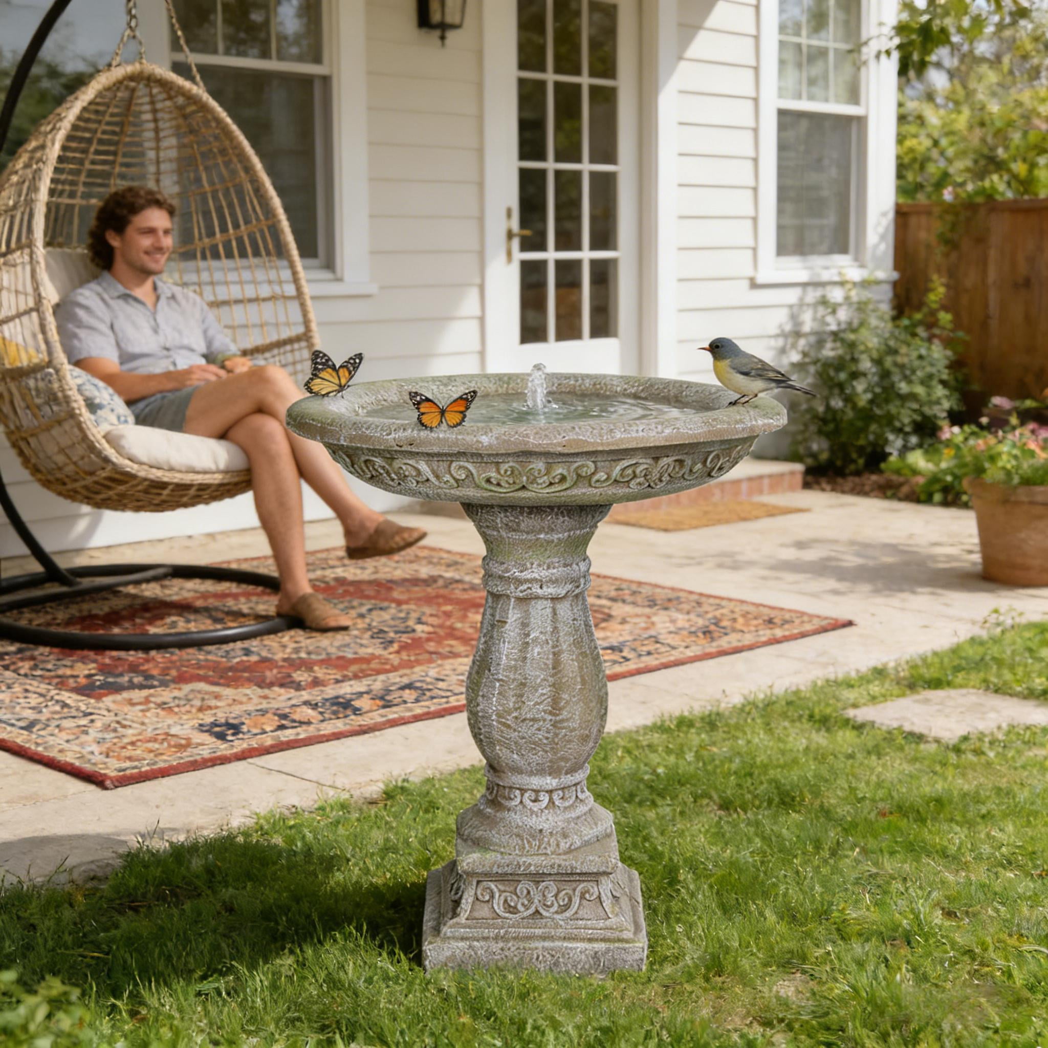 23.8" Vintage Pedestal Bird Bath, 20" Dia Fiber-Reinforced Concrete ...