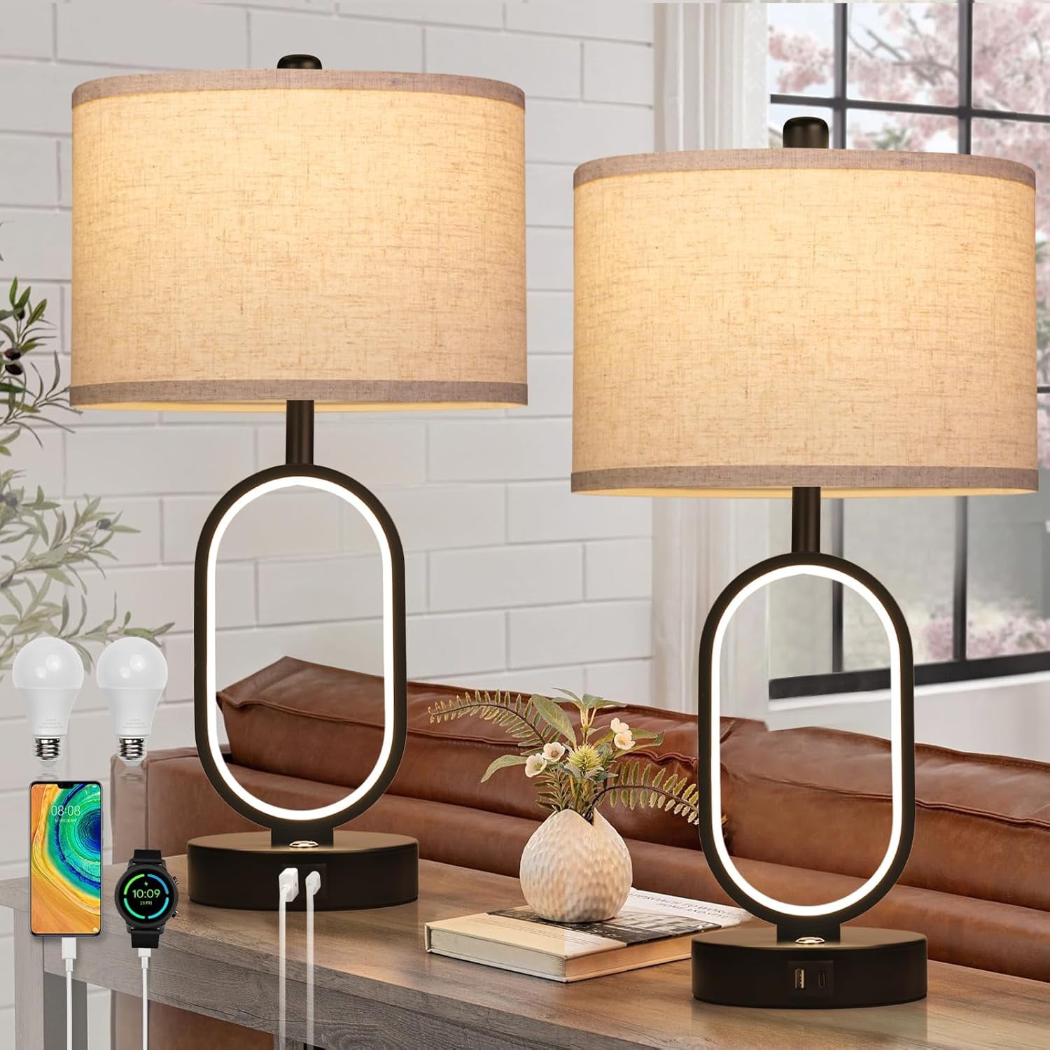 23" Bedside Lamps Set of 2, Farmhouse 3-Way Dimmable Touch Lamps for ...