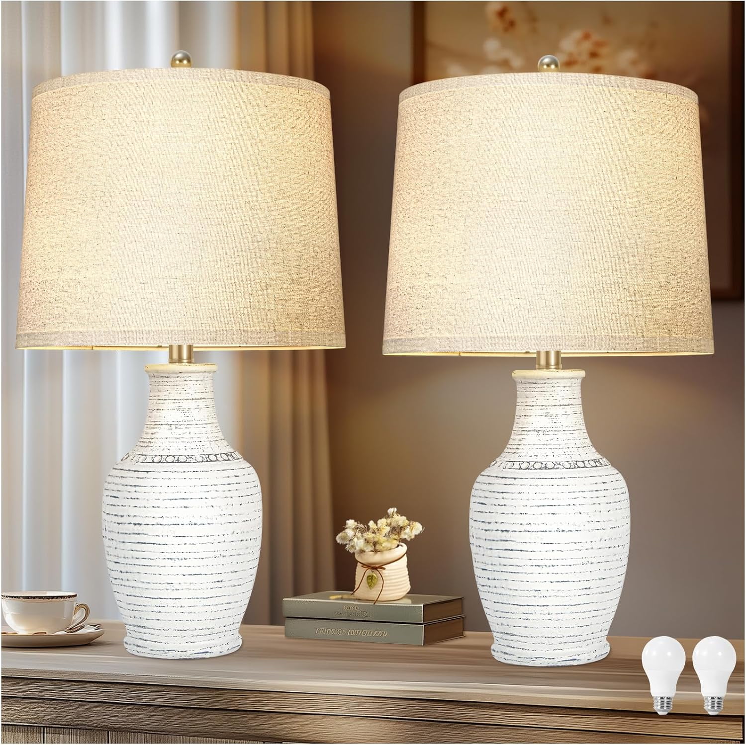 23" Blue Washed Ceramic Table Lamps Set of 2 with 3-Way Dimmable Bulb ...