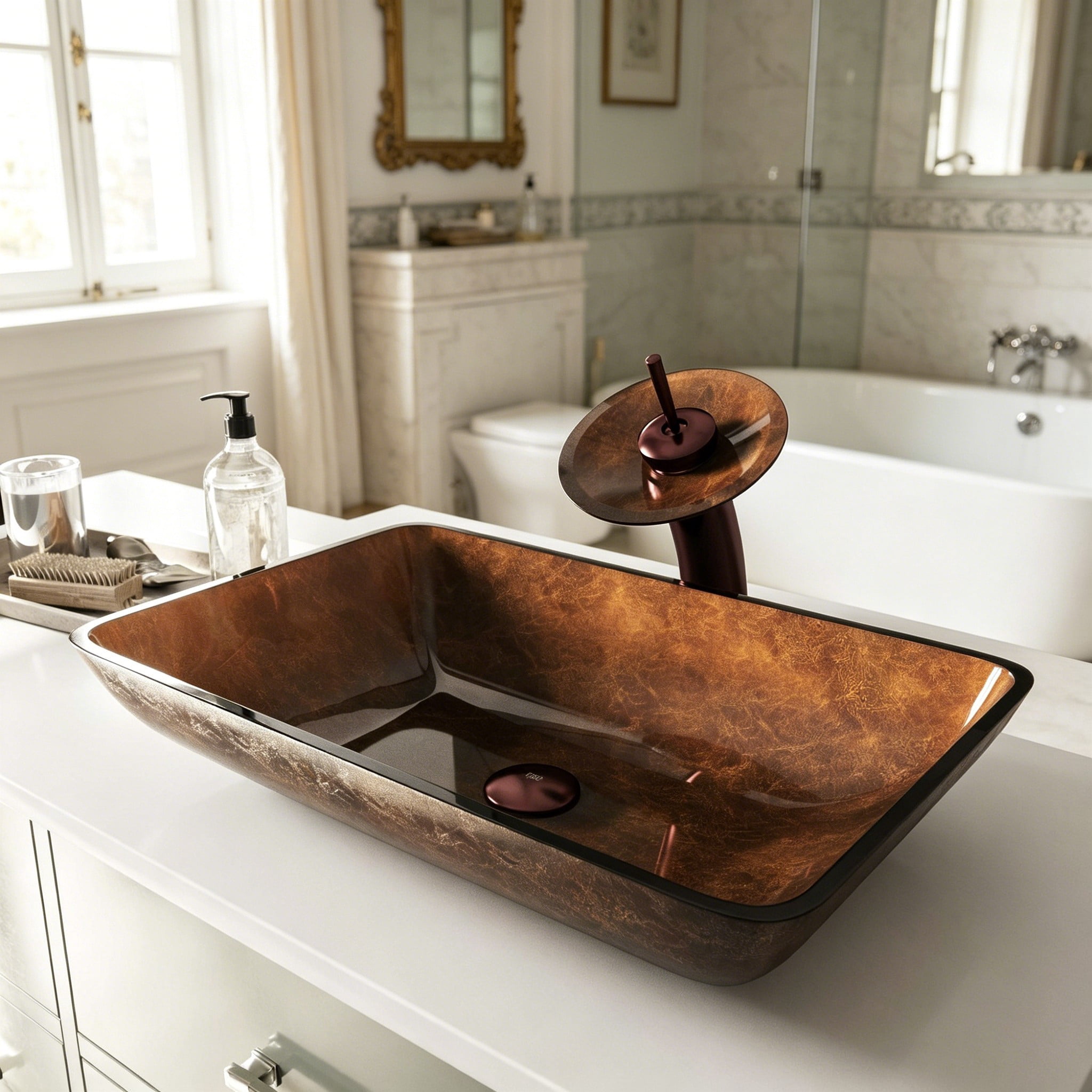 23" Brown Artistic Rectangular Tempered Glass Vessel Sink, Above ...