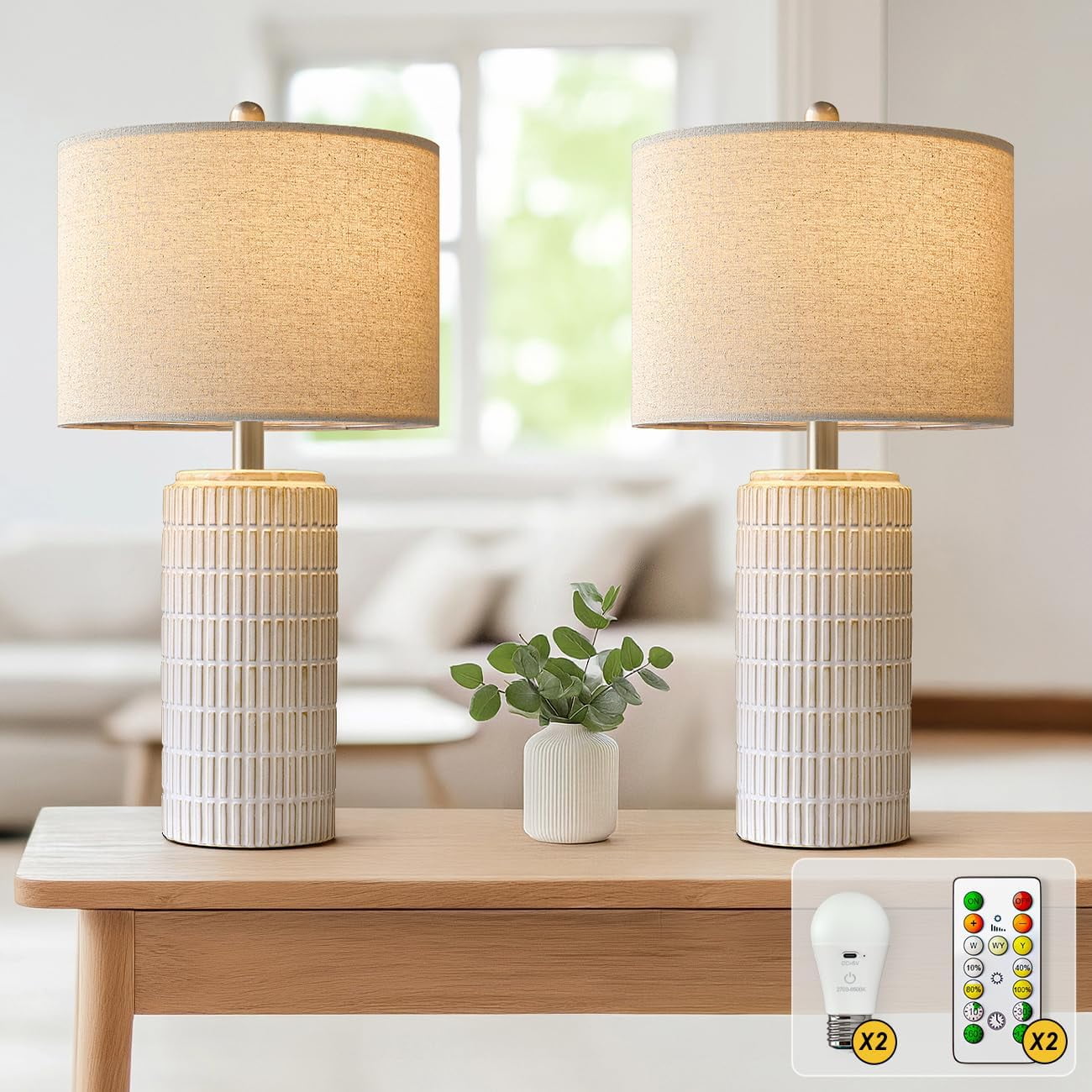 23'' Ceramic Cordless Table Lamps, Remote Control Battery Operated ...