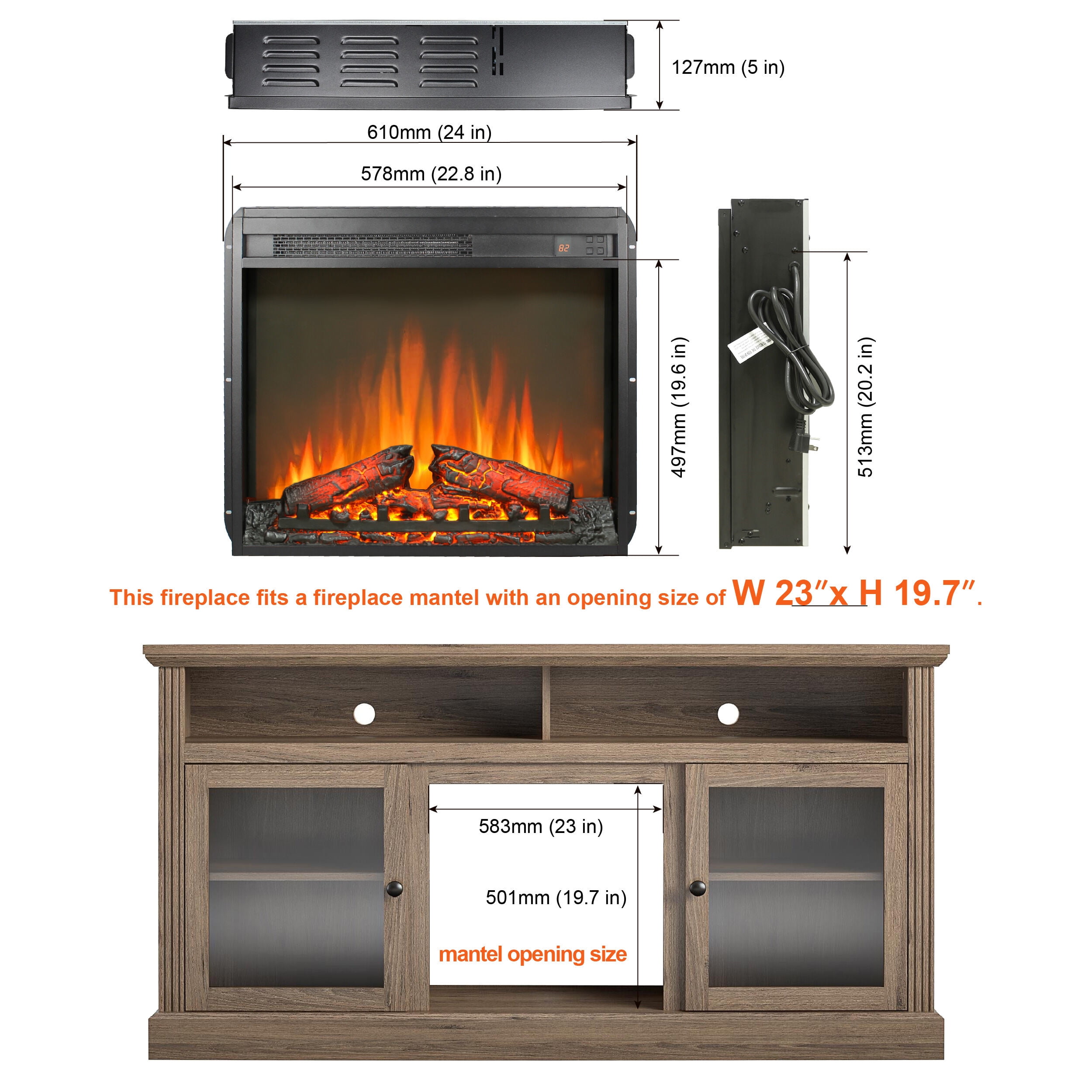 23" Electric Fireplace Insert, Ultra-Thin Heater with Realistic Log ...