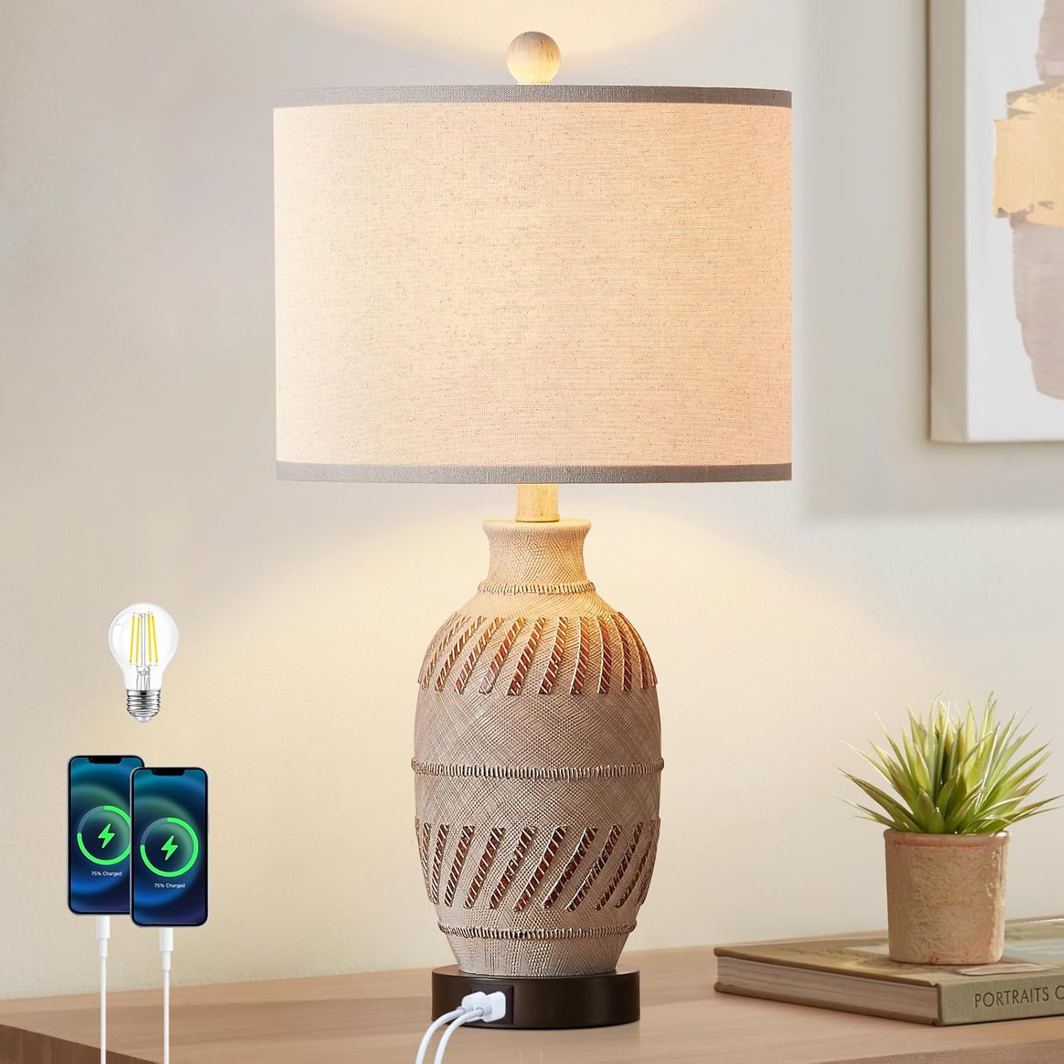 23" Farmhouse Table Lamp for Nightstand,3-Way Dimmable Touch Control Table Lamps for Living Room ...