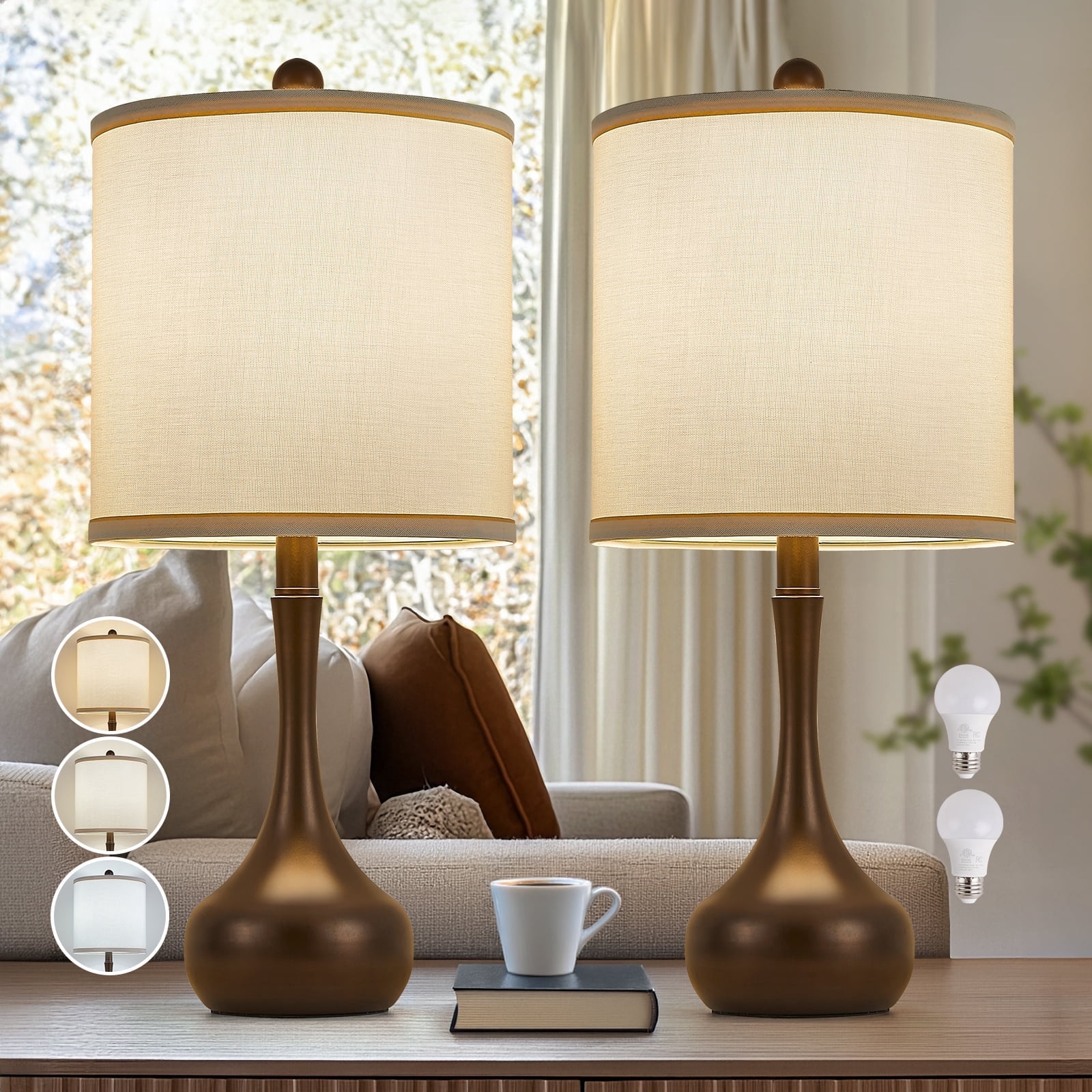 23" Farmhouse Table Lamp Set of 2, Brown Metal Modern Bedside Lamps for ...