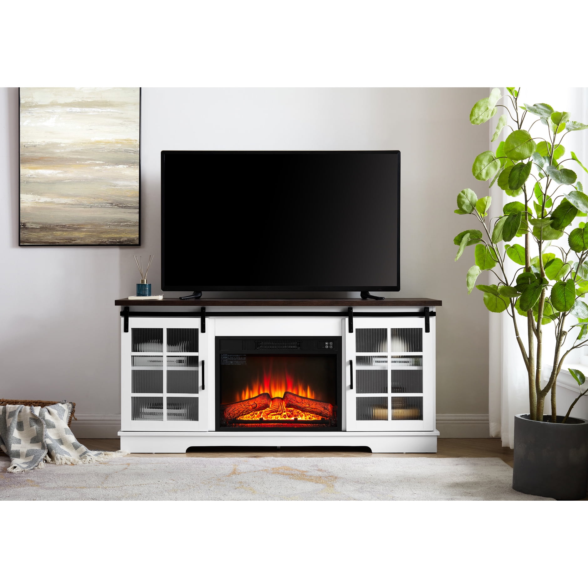 23" Fireplace Tv Stand With Sliding Glass Doors, White+brown, Holds ...