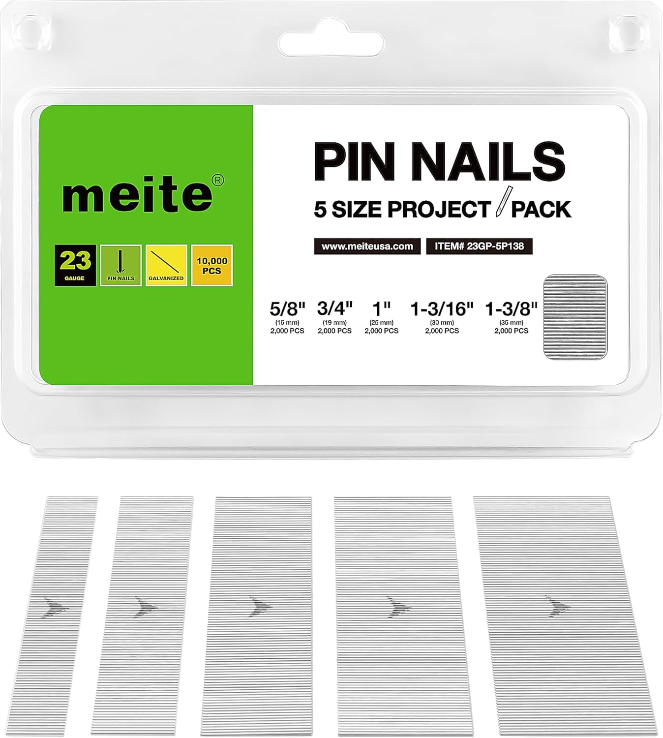 23 Gauge Pin Nails, Assorted 5 Sizes (5/8", 3/4", 1", 1-3/16", 1-3/8 ...