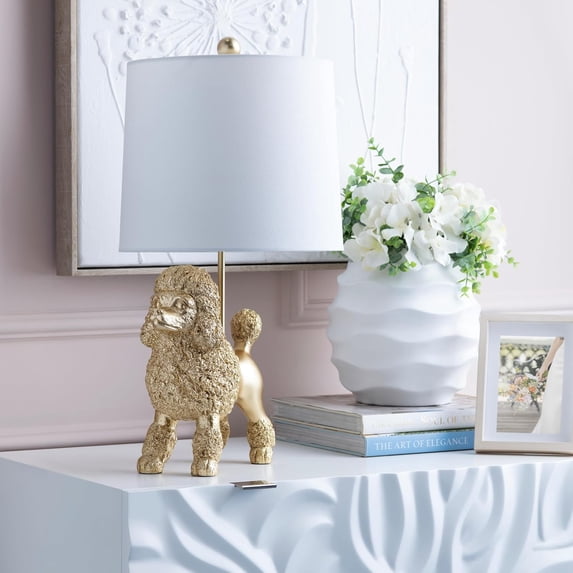 23" Gold Poodle Resin Dog Table Lamp w/White Linen Shade,Desk Lamps for ...