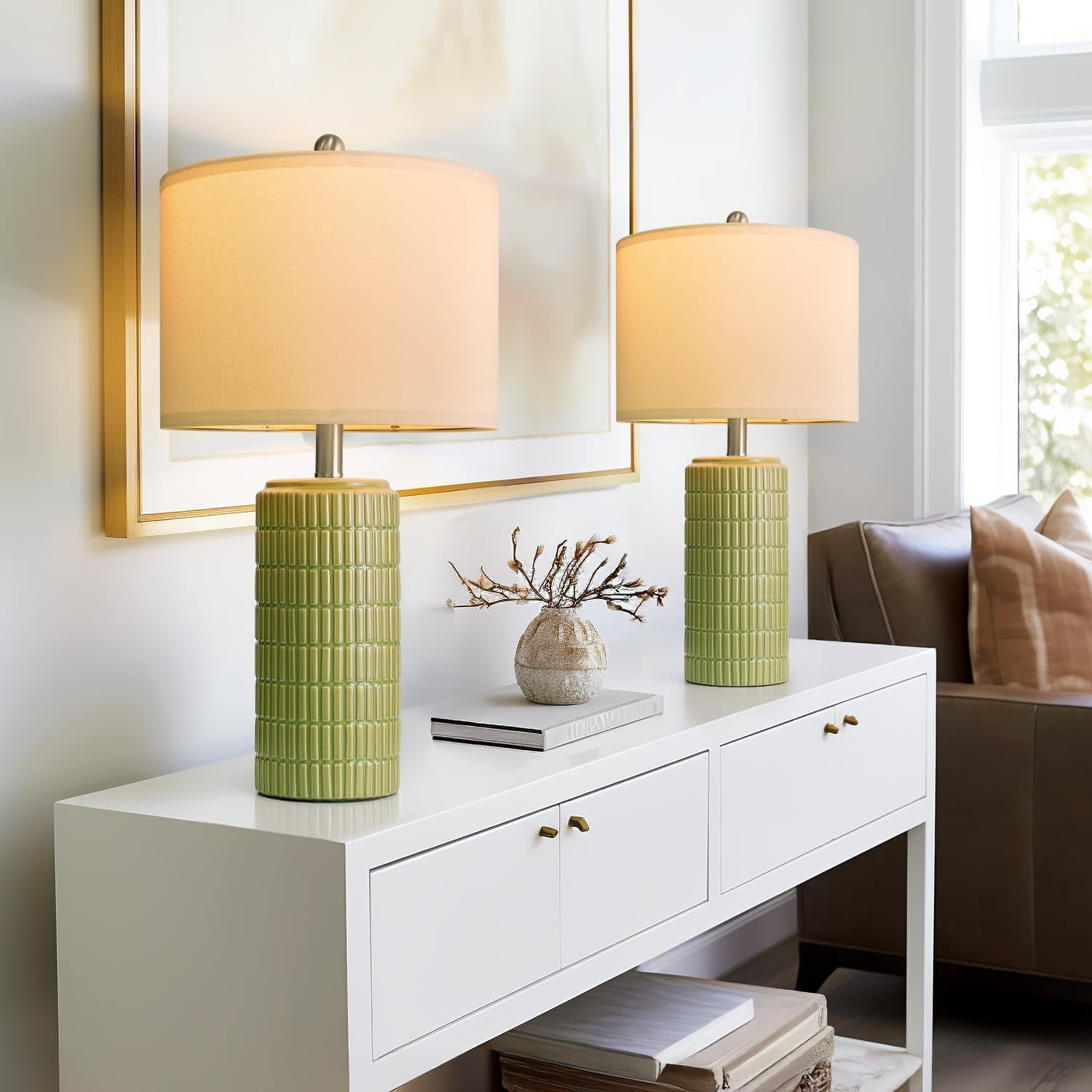 23" Green Ceramic Table Lamps Set of 2, Farmhouse Table Lamps for Living Room, Modern Lamps for ...