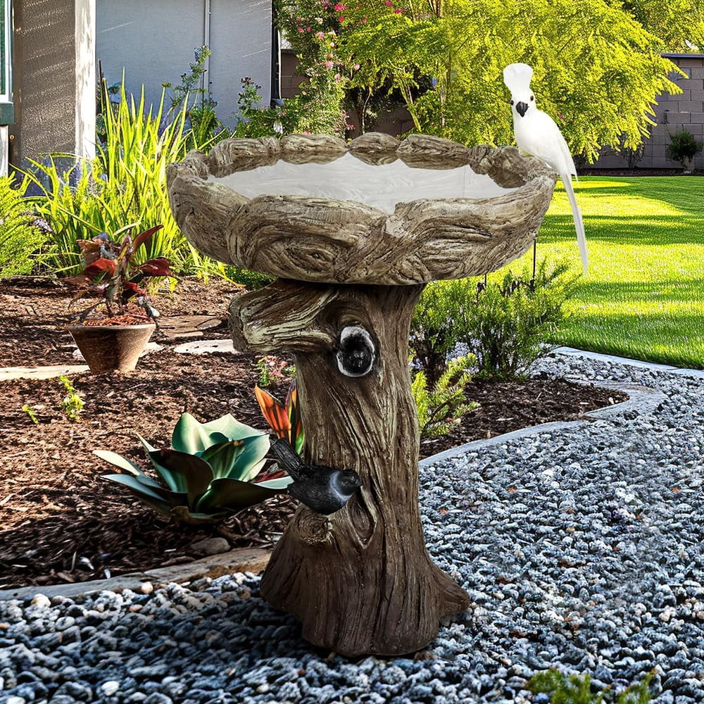 23" H Concrete Birdbath for Outdoor Garden with a Fake Bird Decor ...