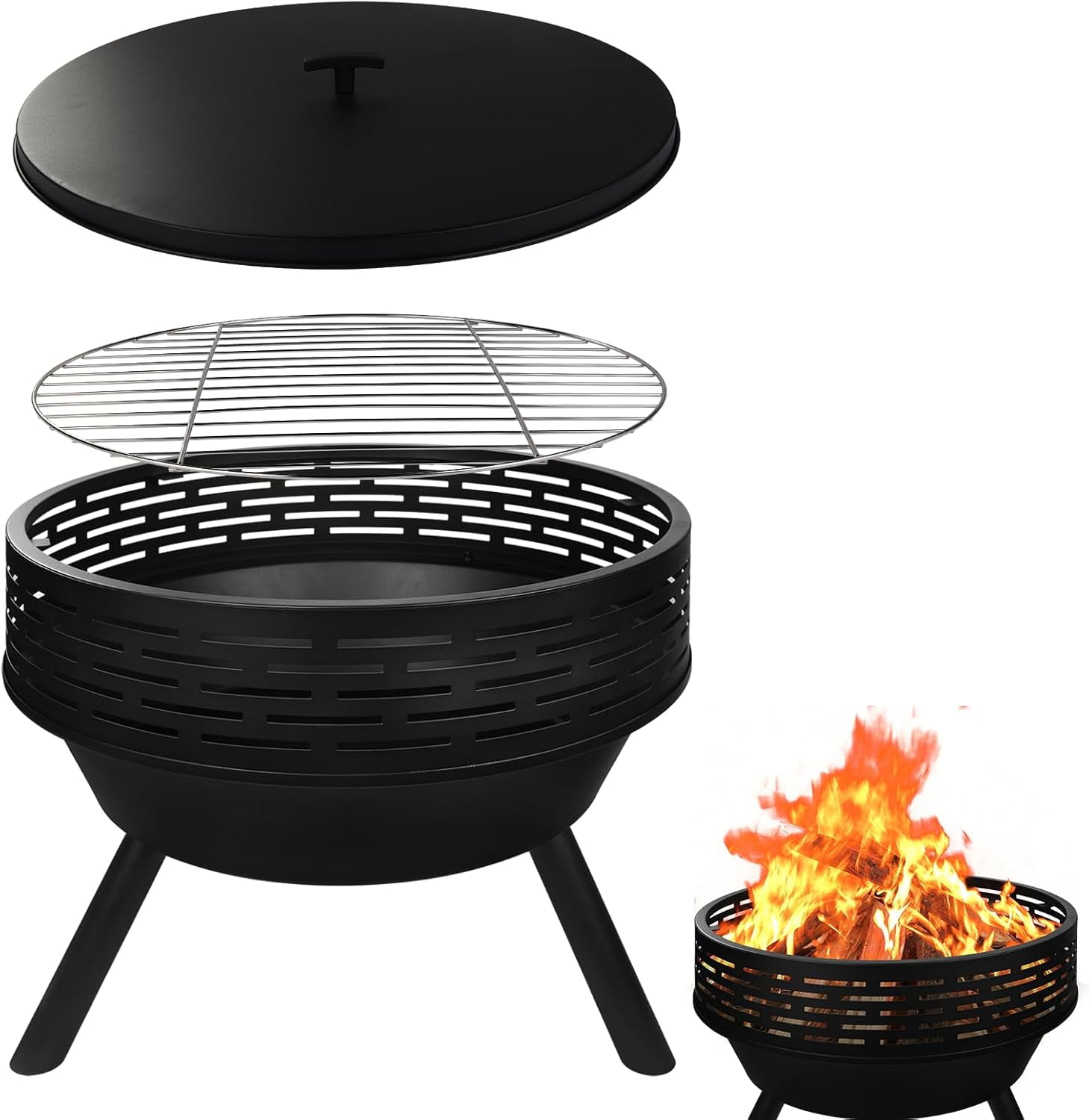23 Inch Cast Iron Round Fire Pit with Grill, 3-in-1 Outdoor Fire Bowl ...